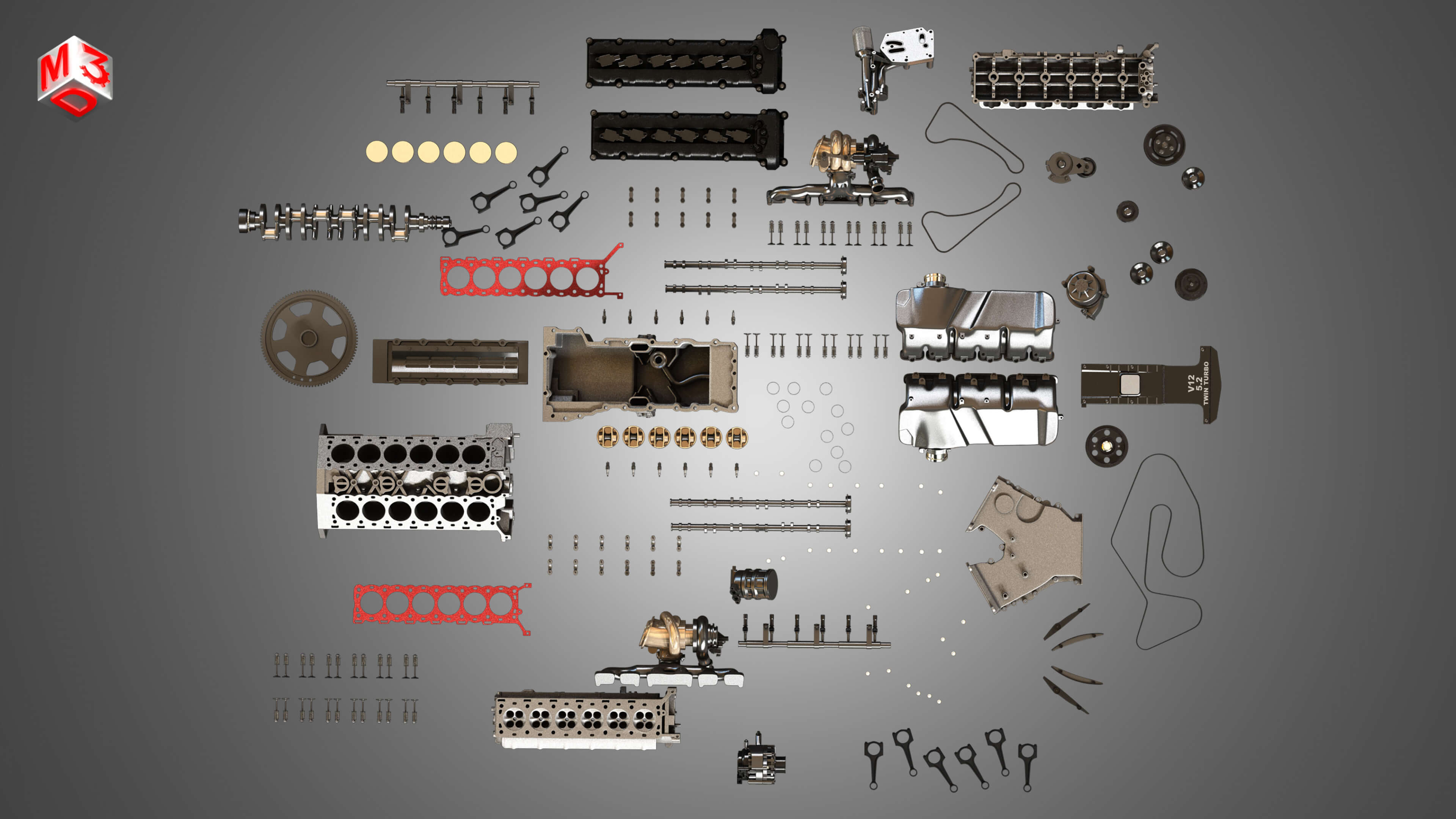 V12 Twin Turbo Disassembled Car Engine - 3D Model by Markos3d