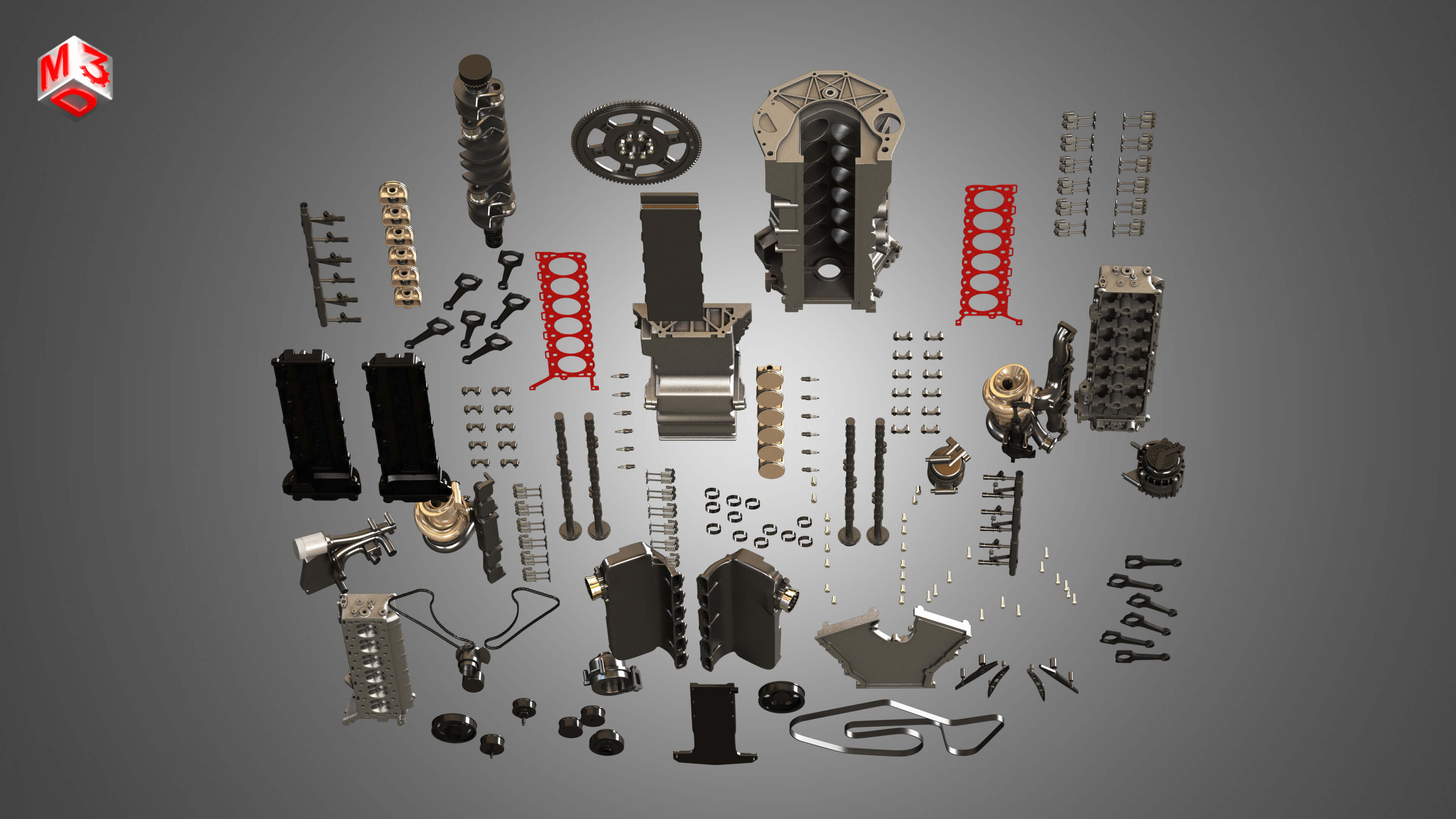 V12 Twin Turbo Disassembled Car Engine - 3D Model by Markos3d