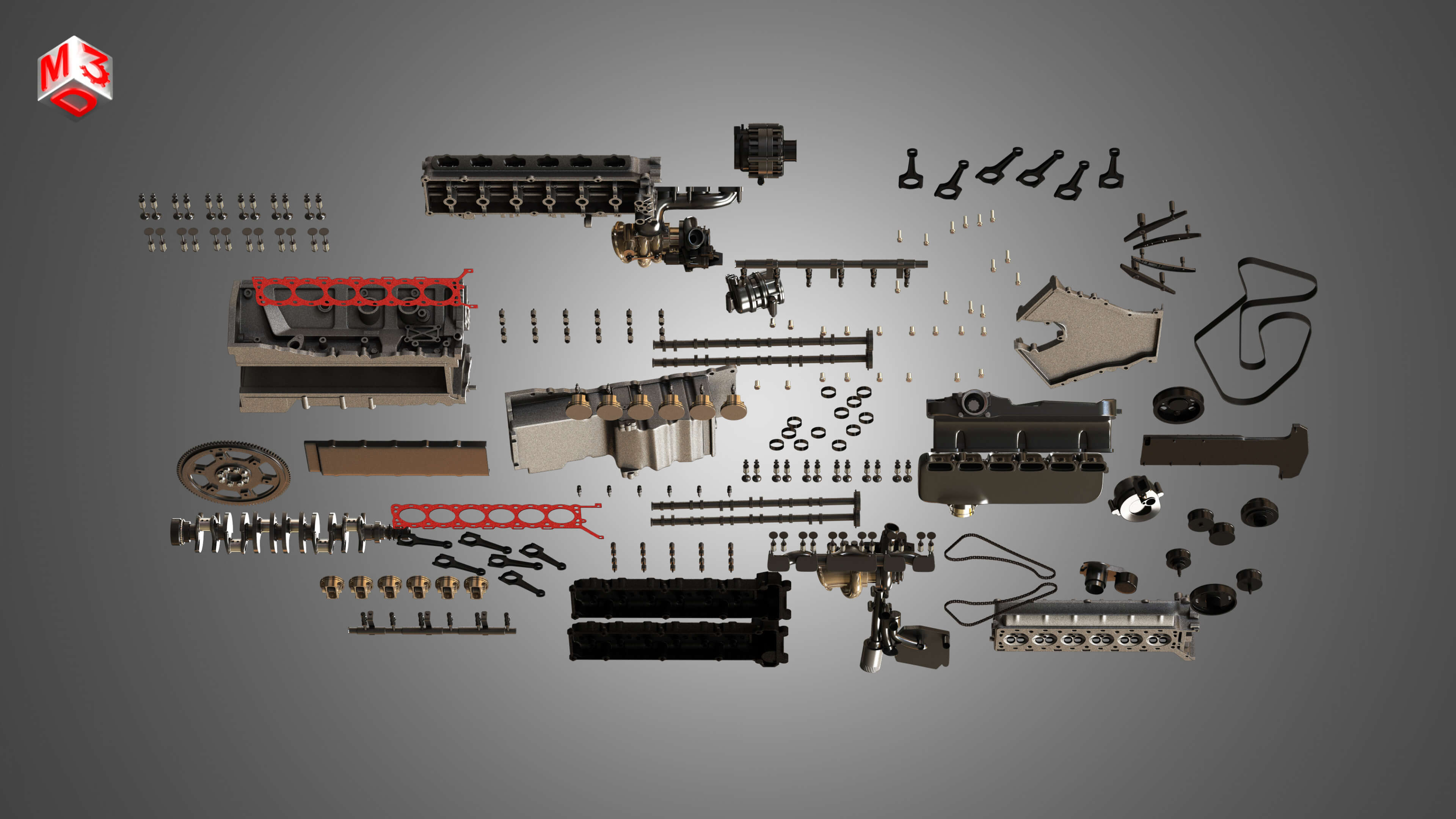 V12 Twin Turbo Disassembled Car Engine - 3D Model by Markos3d