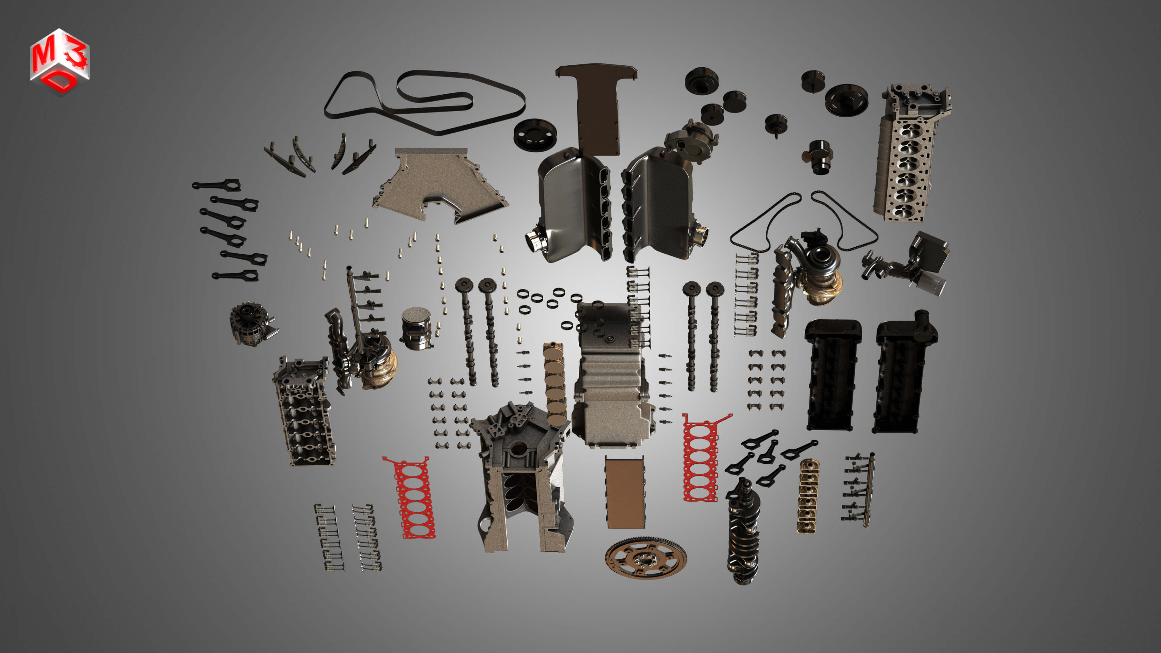 V12 Twin Turbo Disassembled Car Engine - 3D Model by Markos3d