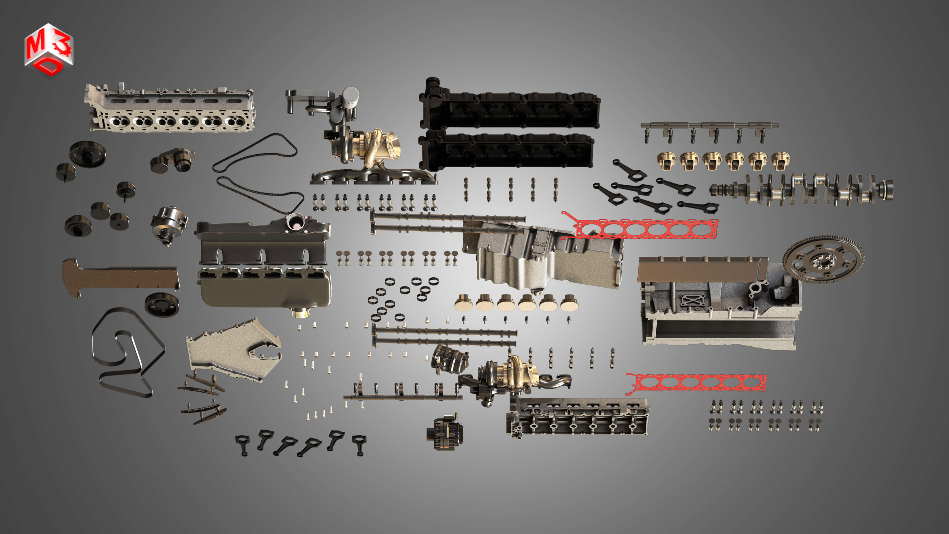V12 Twin Turbo Disassembled Car Engine - 3D Model by Markos3d