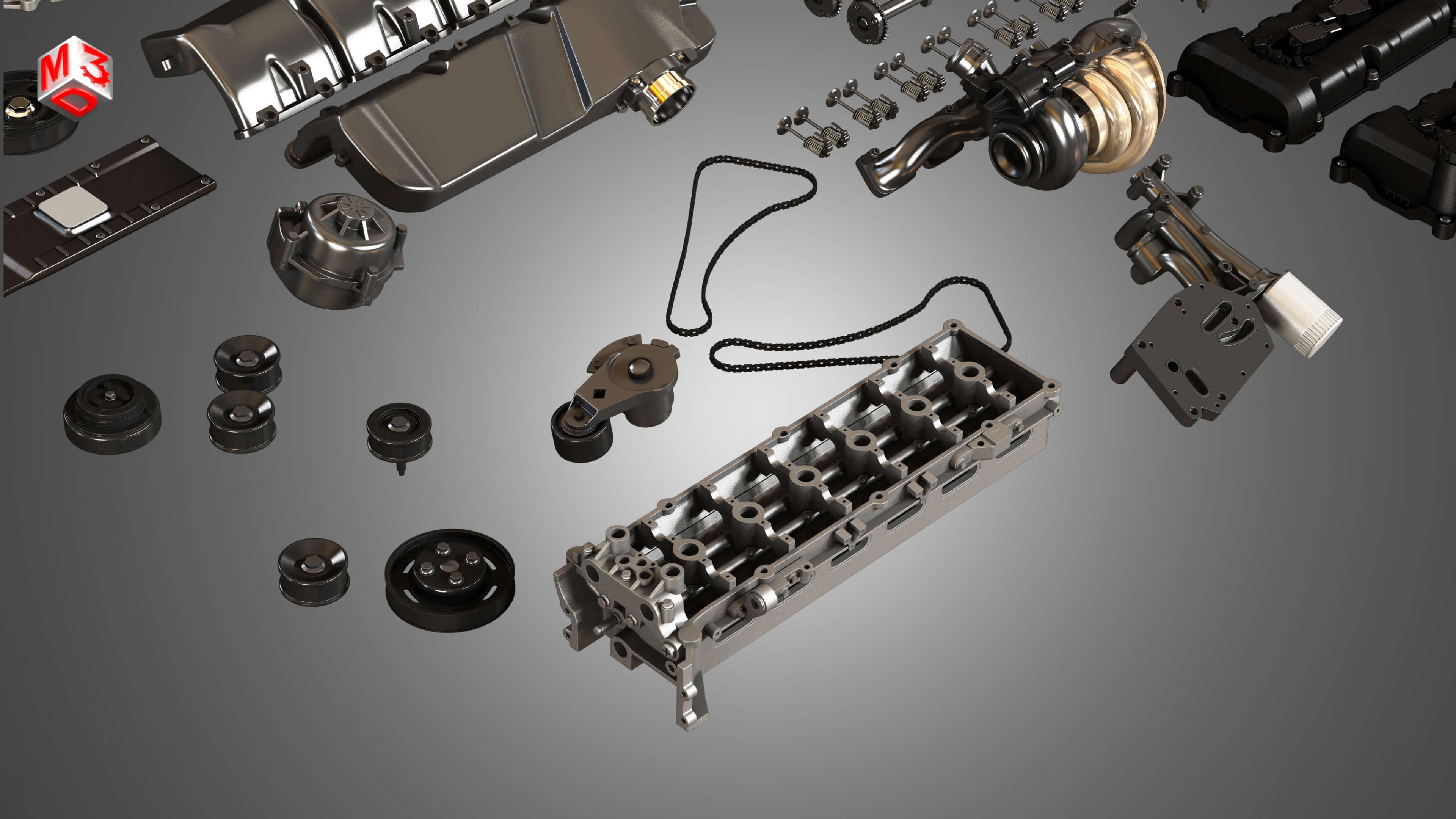 V12 Twin Turbo Disassembled Car Engine - 3D Model by Markos3d