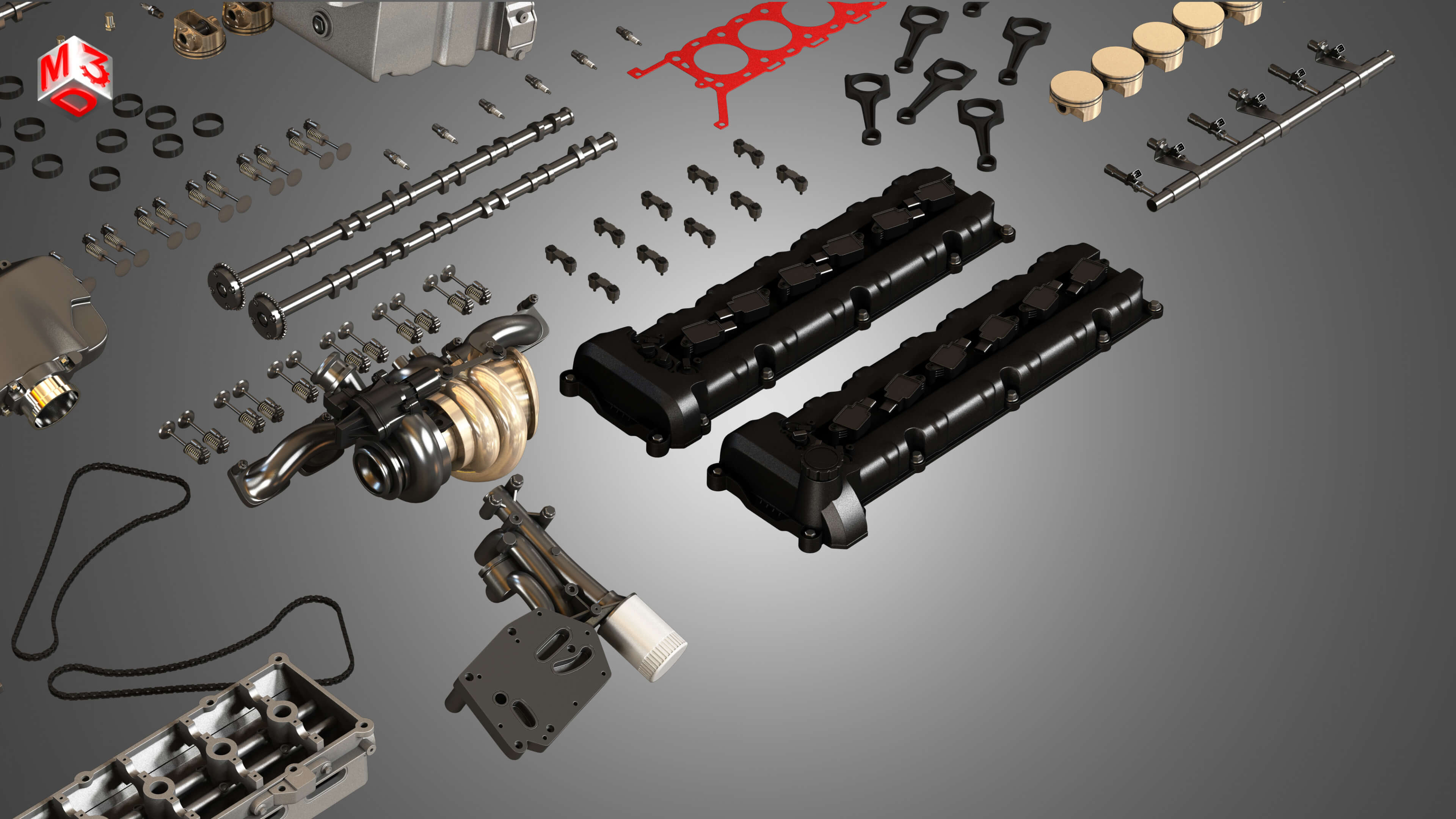 V12 Twin Turbo Disassembled Car Engine - 3D Model by Markos3d