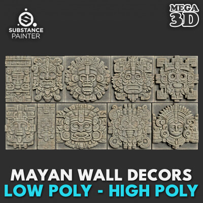 10 Low Poly PBR Mayan Temple Wall Decor - 3D Model by mega3d