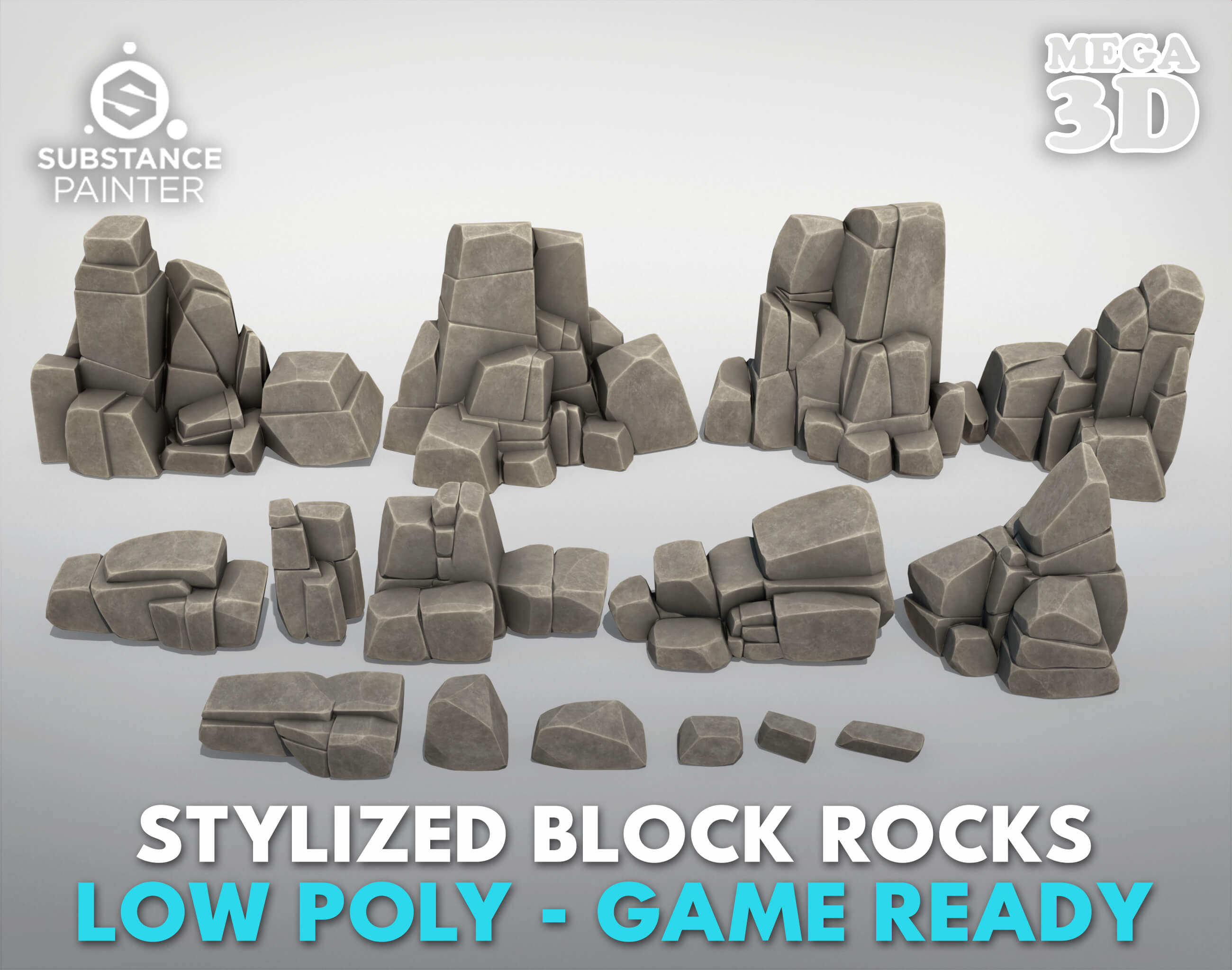 15 Stylized Block Rock - 3D Game Asset - 231030 by mega3d