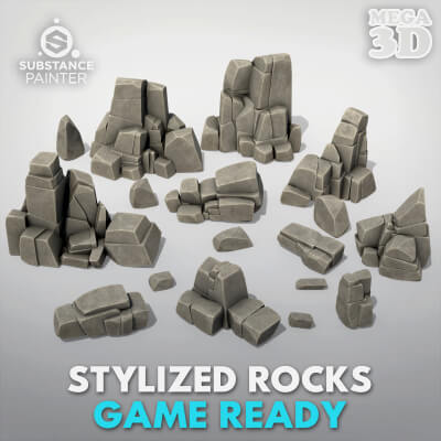 15 Stylized Block Rock - 3D Game Asset - 231030 by mega3d