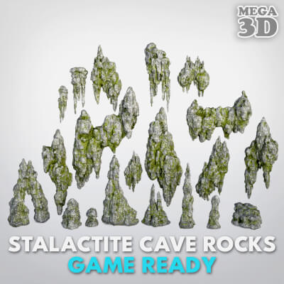 20 Low Poly Black Mossy Stalactite Cave Rocks - 3D Model by mega3d