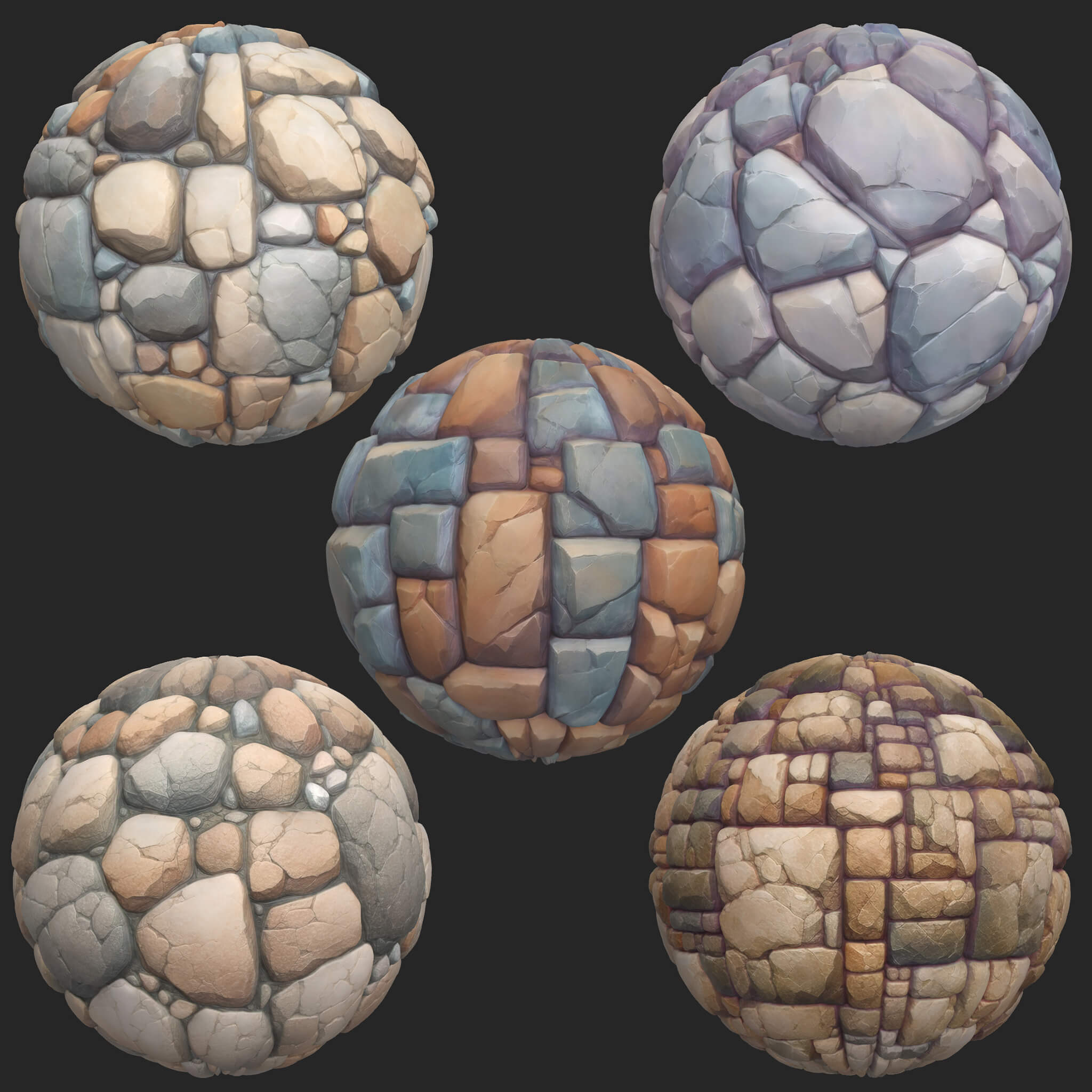 50 Stylized Hand Painted Stone Wall & Floor Materials - 3D Texture by mega3d