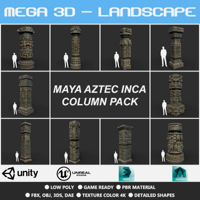 Low Poly Mayan Inca Aztec Column Modular Pack Mossy 210616 - 3D Model ...