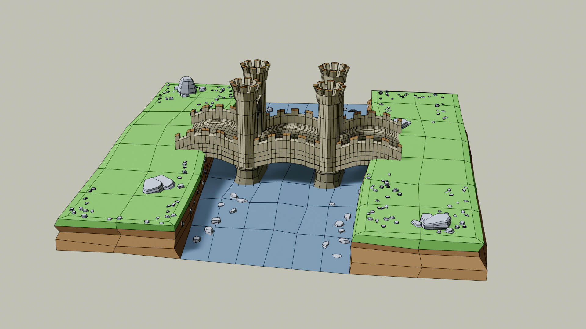 Stone Bridge With Towers - 3D Model by mg53