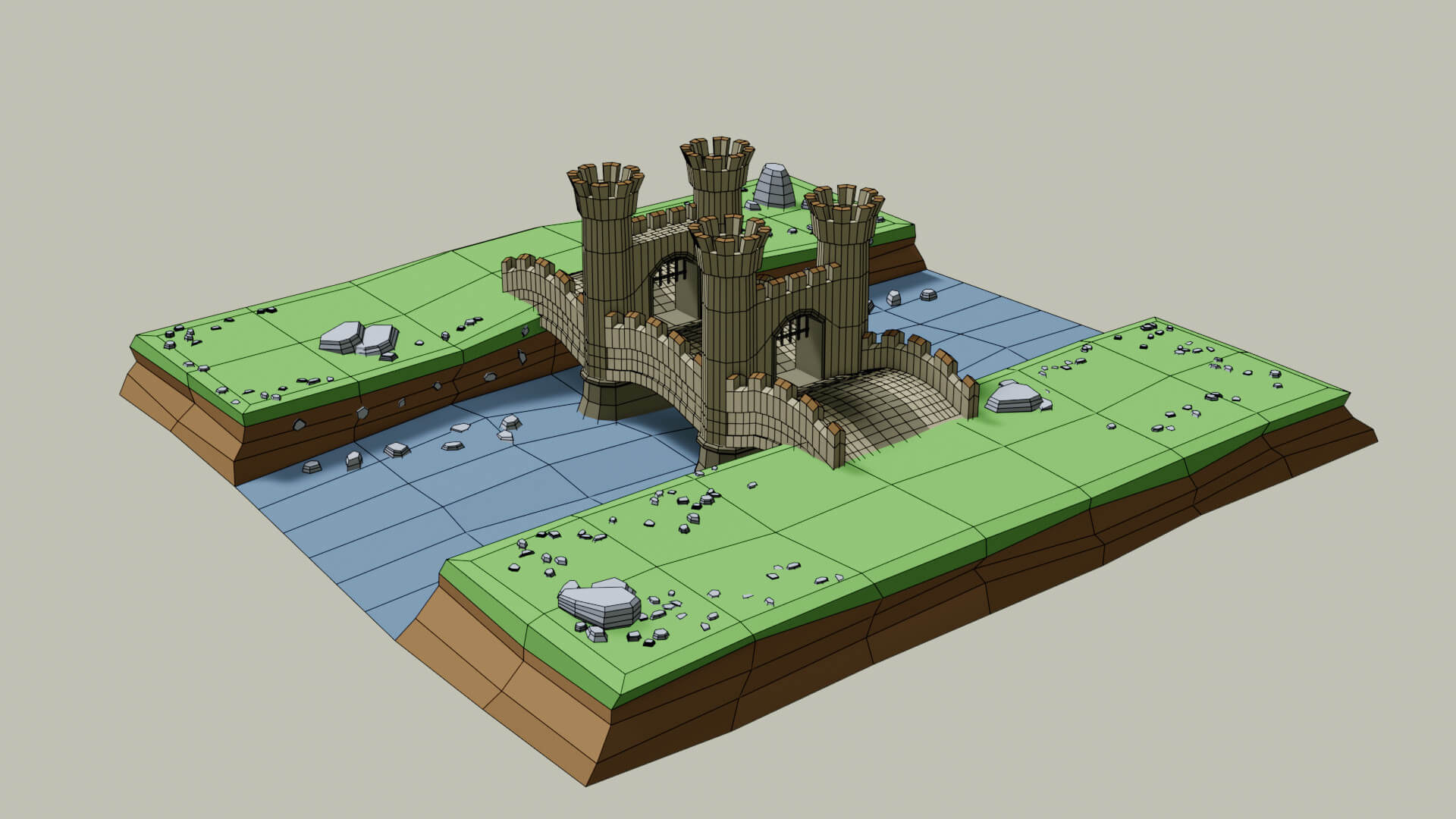 Stone Bridge With Towers - 3D Model by mg53