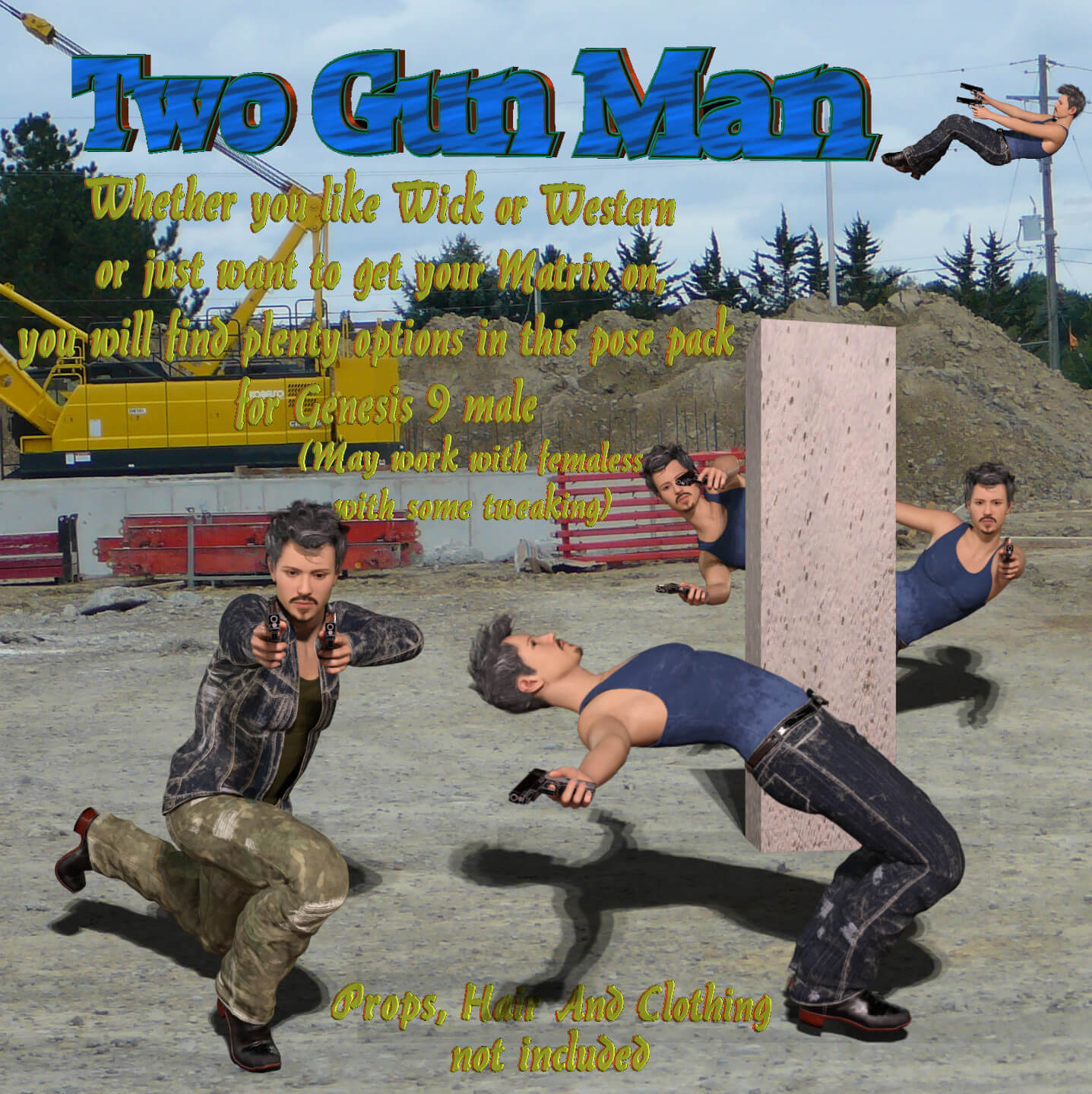 Two Gun Man-Posepack for Genesis 9 Male Daz Content by Mharv66
