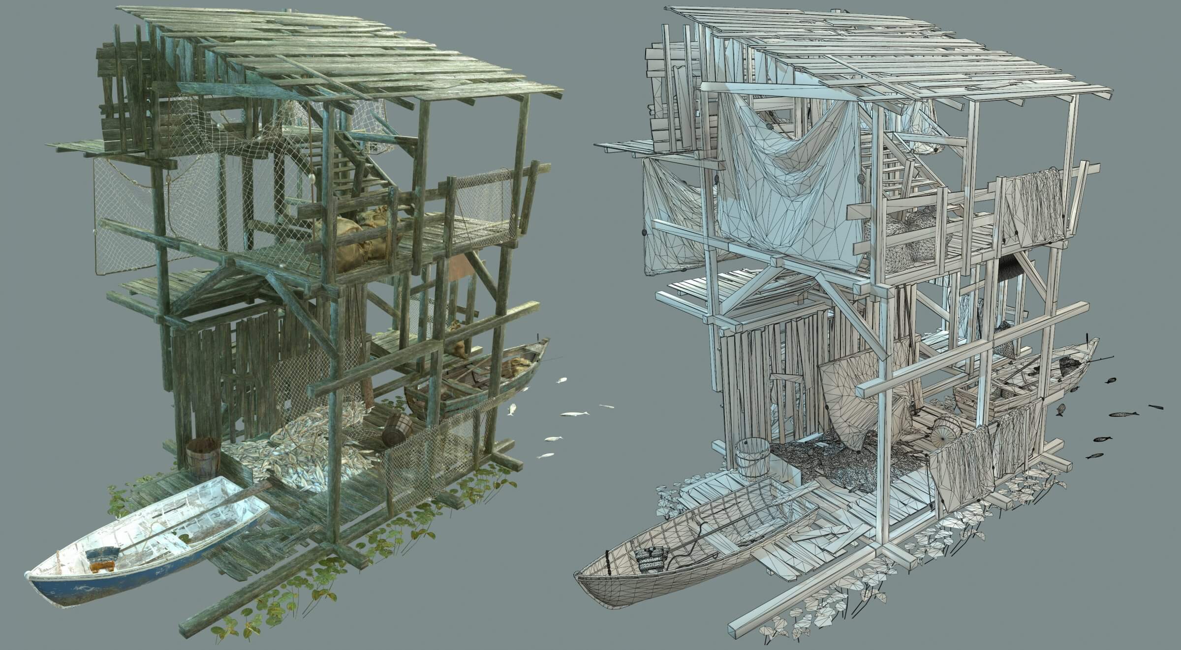 28 Fishing elements with Dock and fishing boat - 3D Model by Mikserart