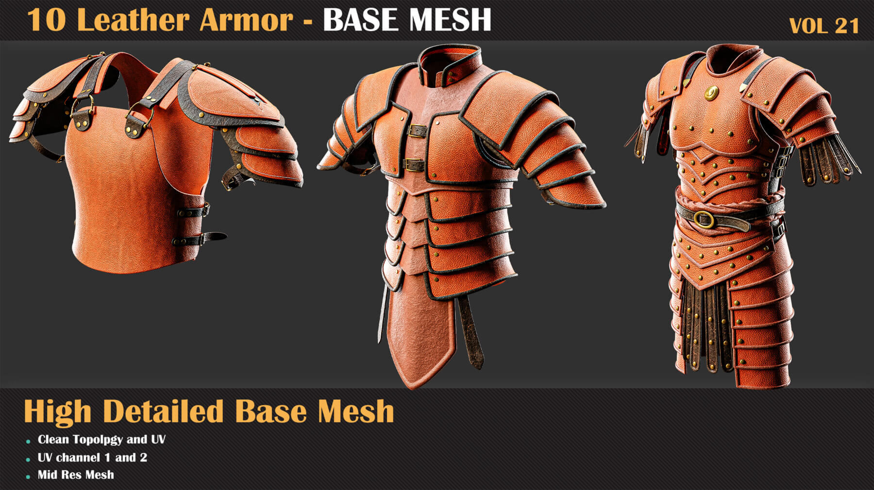 10 High-Detail Leather Armor Base Mesh Vol 21 3D Model by Miladkambari
