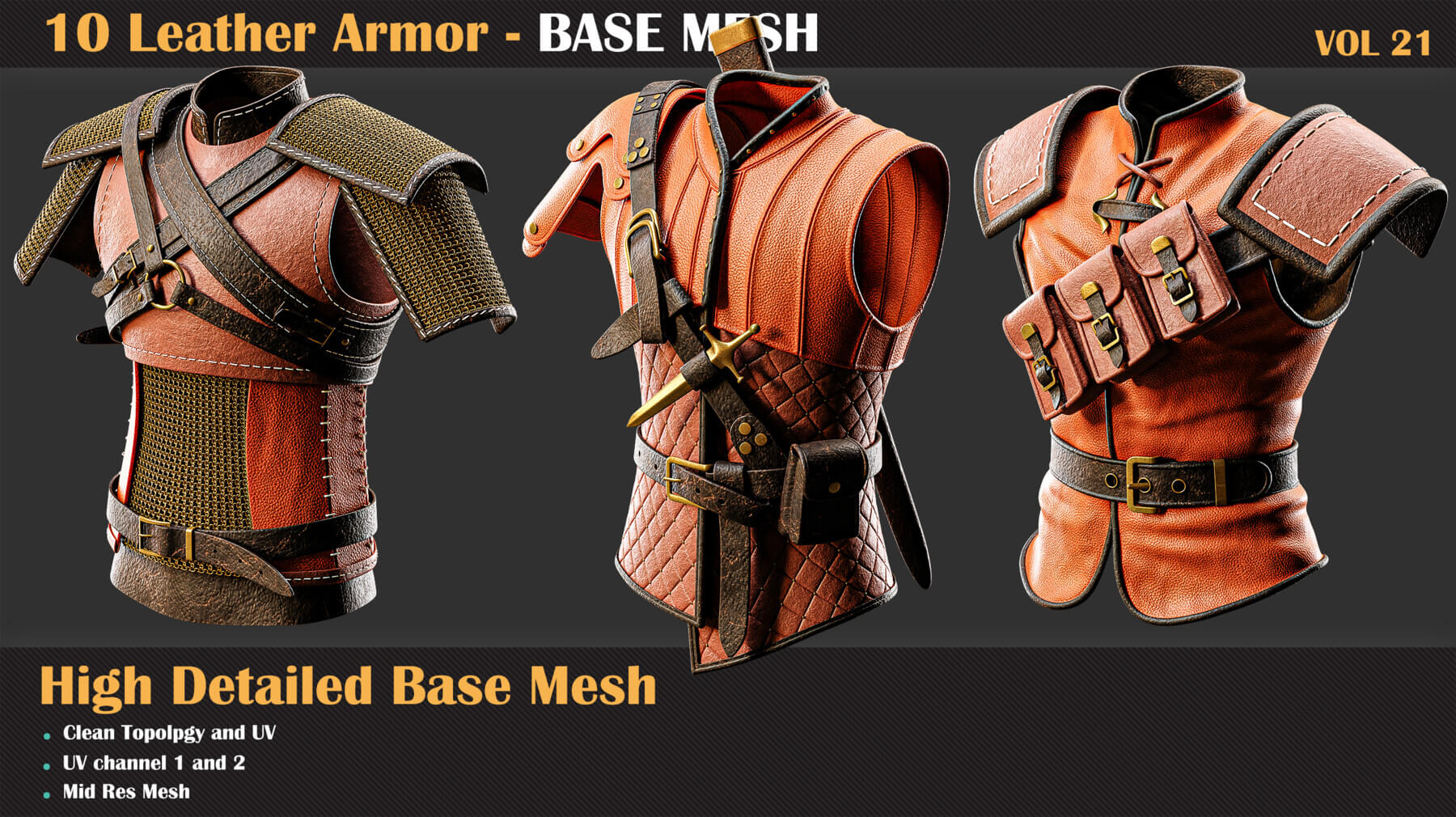 10 High-Detail Leather Armor Base Mesh Vol 21 3D Model by Miladkambari