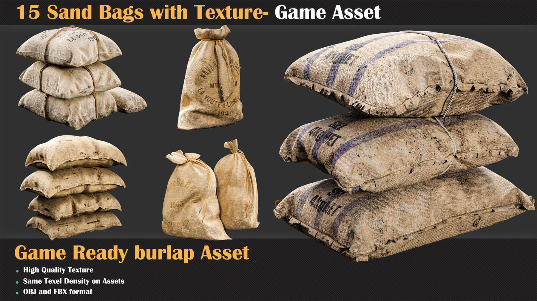 15 Sand Bags with Texture - Game Asset 3D Model by Miladkambari