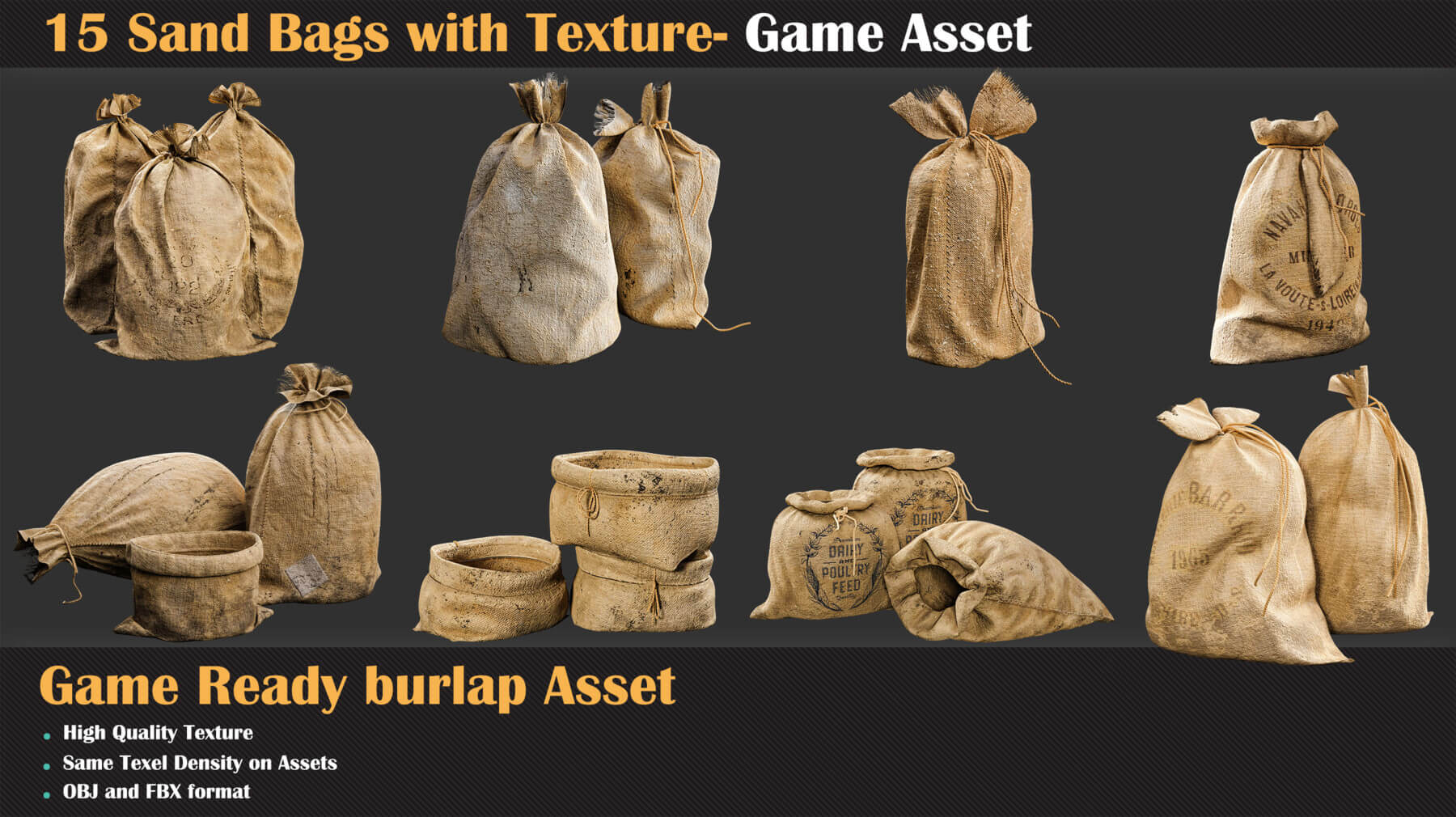 15 Sand Bags with Texture - Game Asset 3D Model by Miladkambari