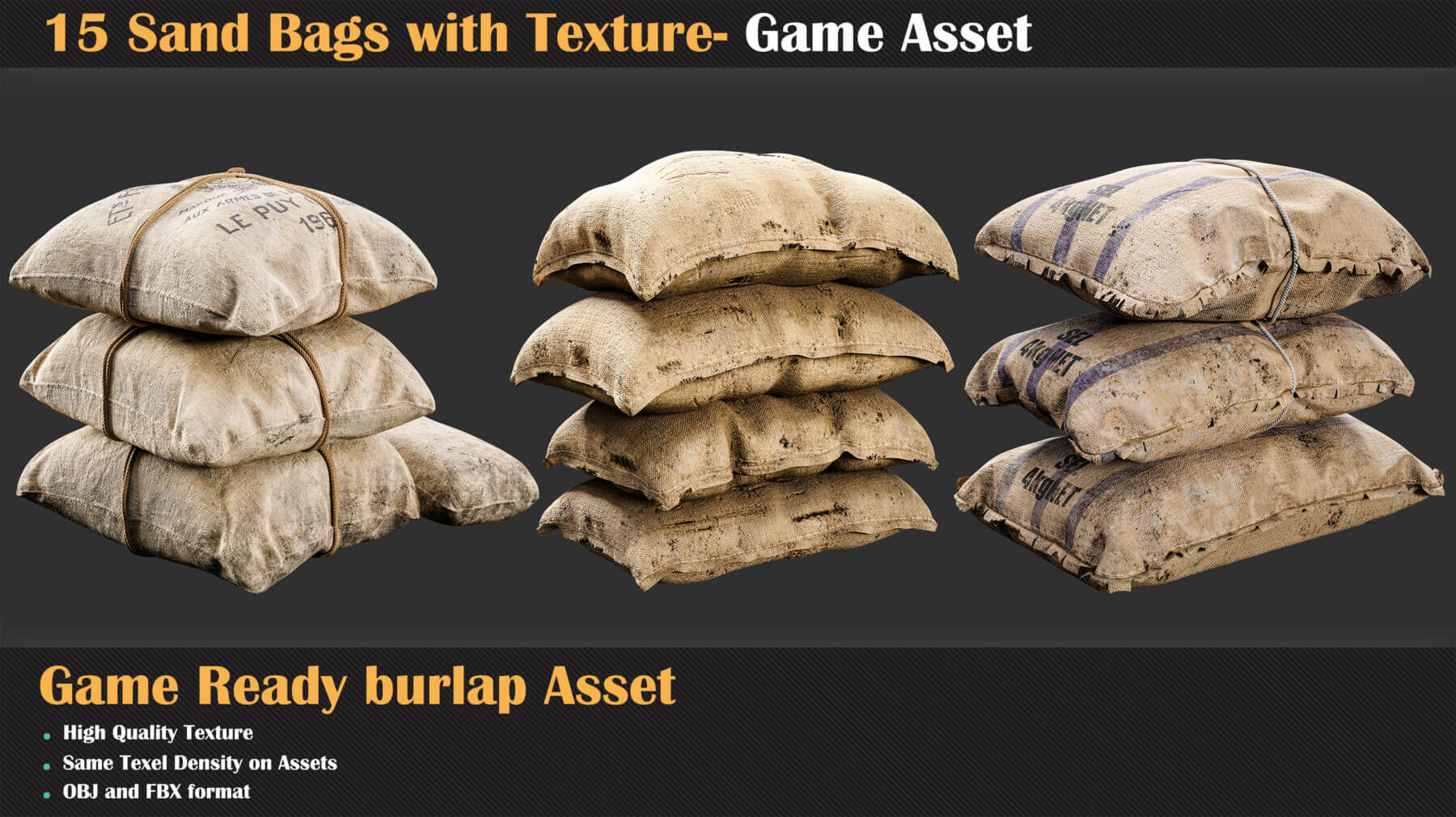 15 Sand Bags with Texture - Game Asset 3D Model by Miladkambari