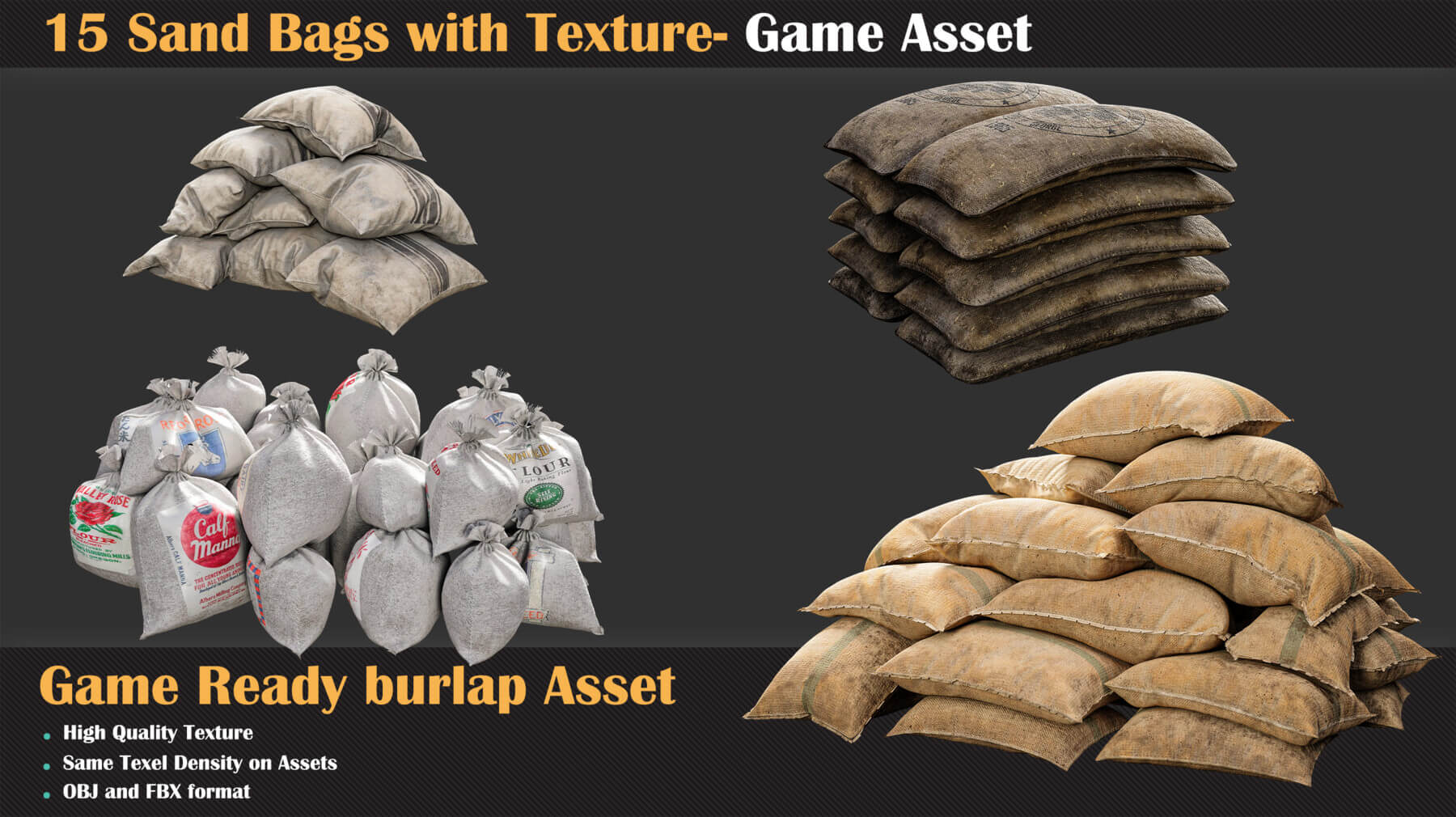 15 Sand Bags with Texture - Game Asset 3D Model by Miladkambari