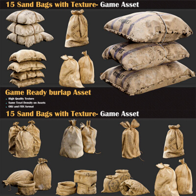 15 Sand Bags with Texture - Game Asset 3D Model by Miladkambari