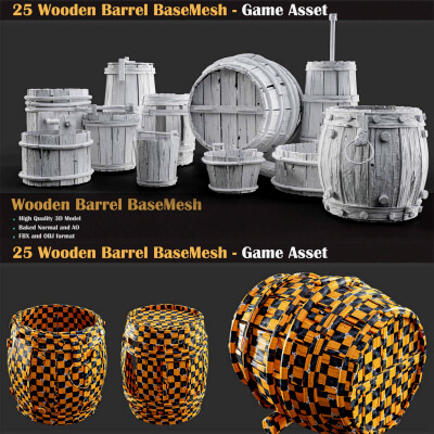 25 Wooden Barrel Collection Base Mesh - 3D Model by Miladkambari