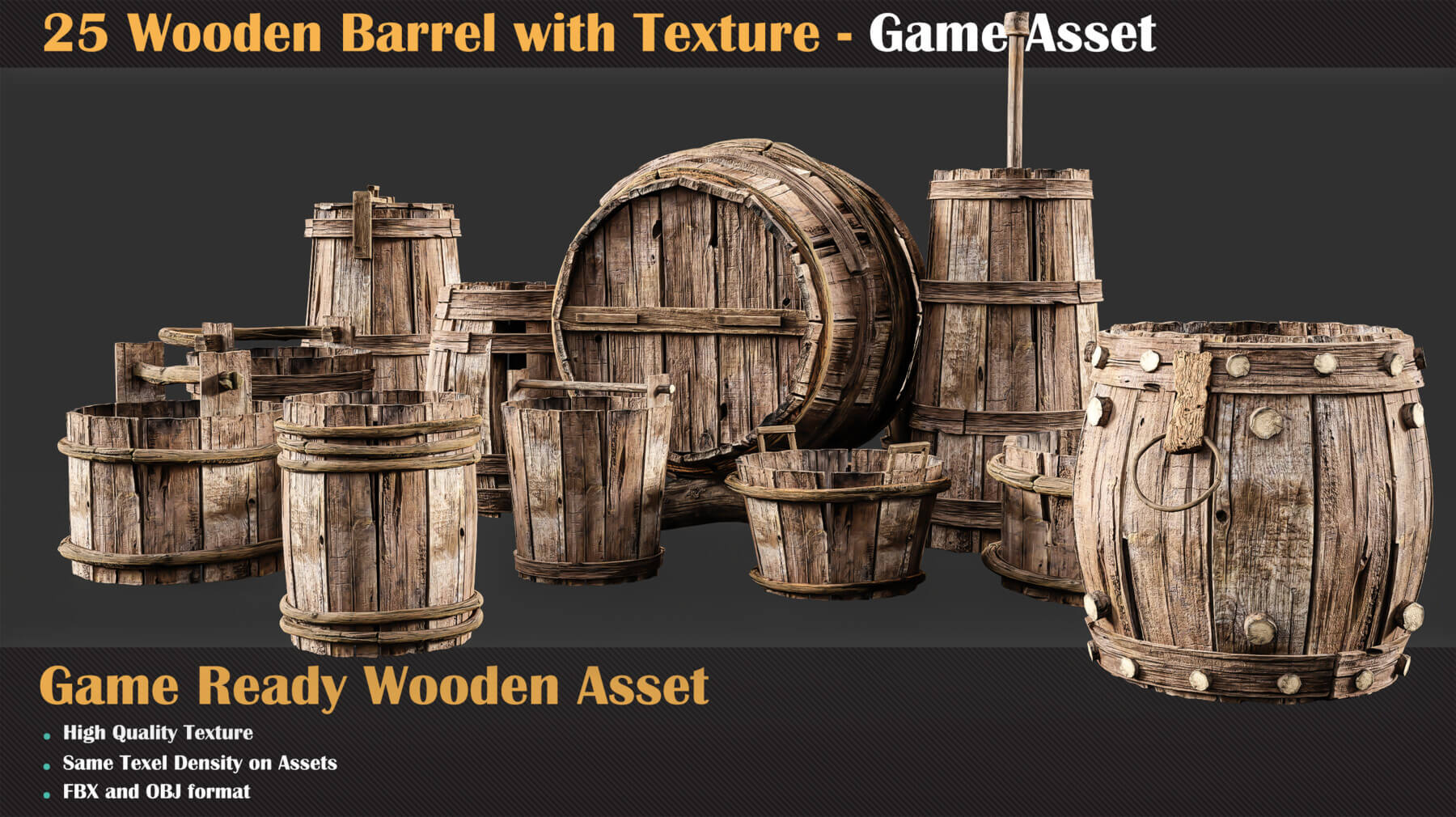 25 Wooden Barrel with Texture - Game Asset 3D Model by Miladkambari
