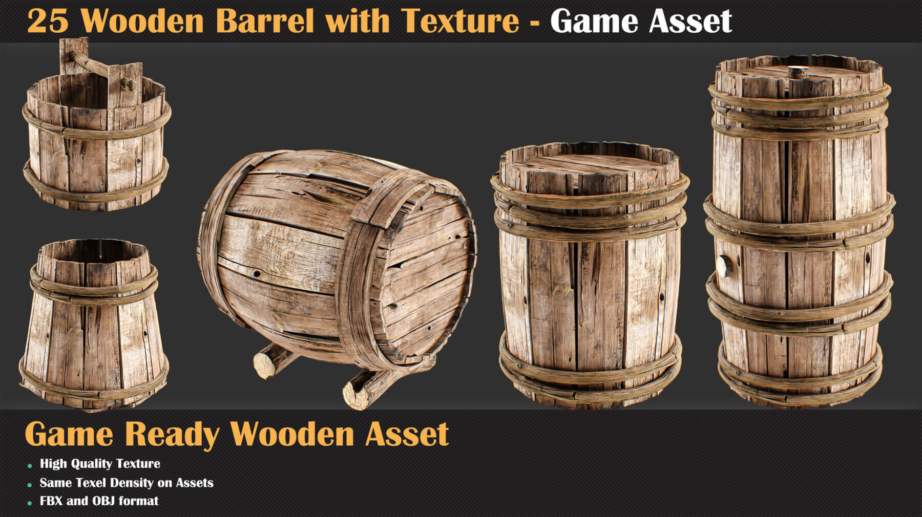 25 Wooden Barrel with Texture - Game Asset 3D Model by Miladkambari