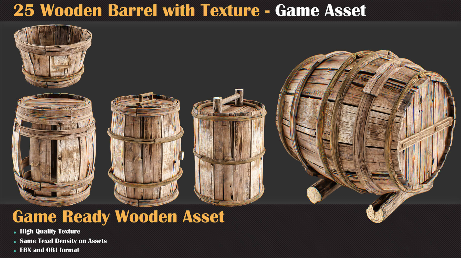 25 Wooden Barrel with Texture - Game Asset 3D Model by Miladkambari