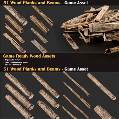 51 Wood Planks and Beams - Game Asset 3D Model by Miladkambari