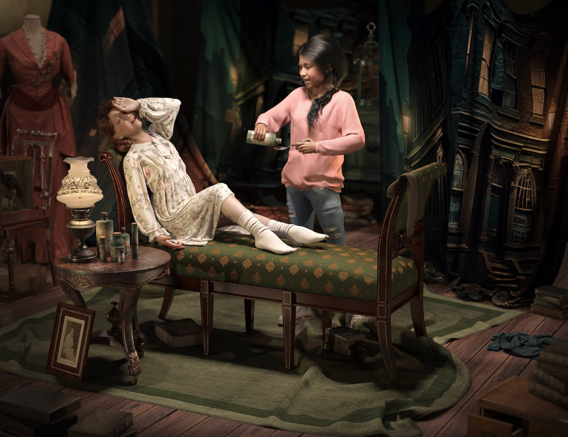 Drama in the attic 3D Render, Digital Art by Mjrk