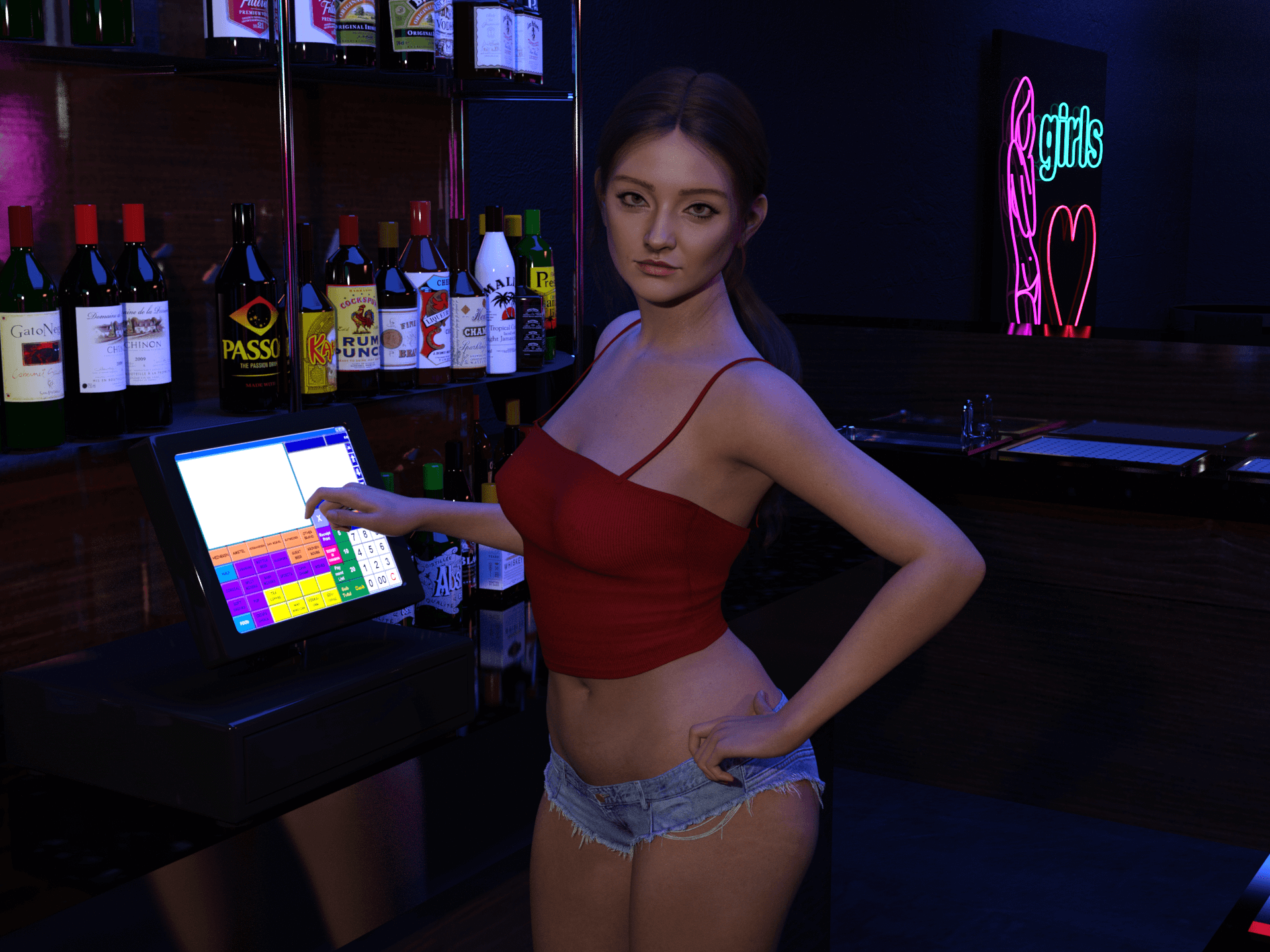 Stella - Sexy Bar Tender 3D Render, Digital Art by mrtaured