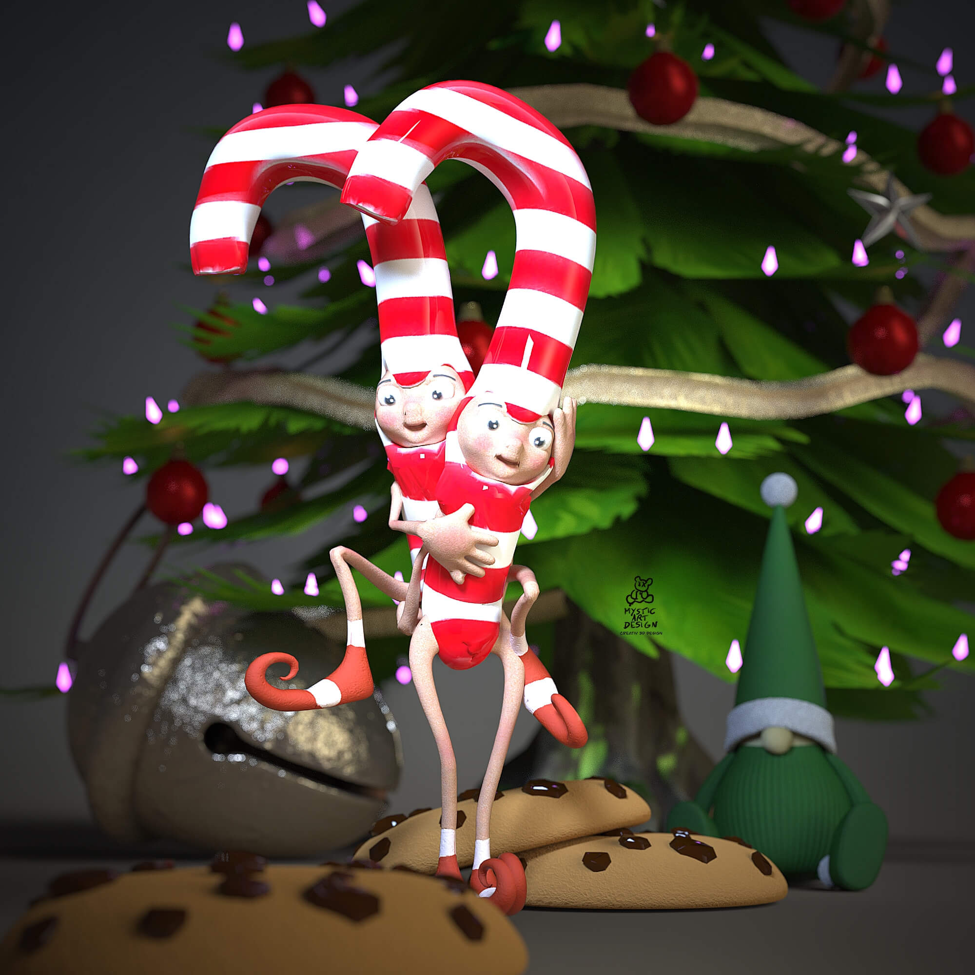 Candy Cane 3D Render, Digital Art by MysticArtDesign