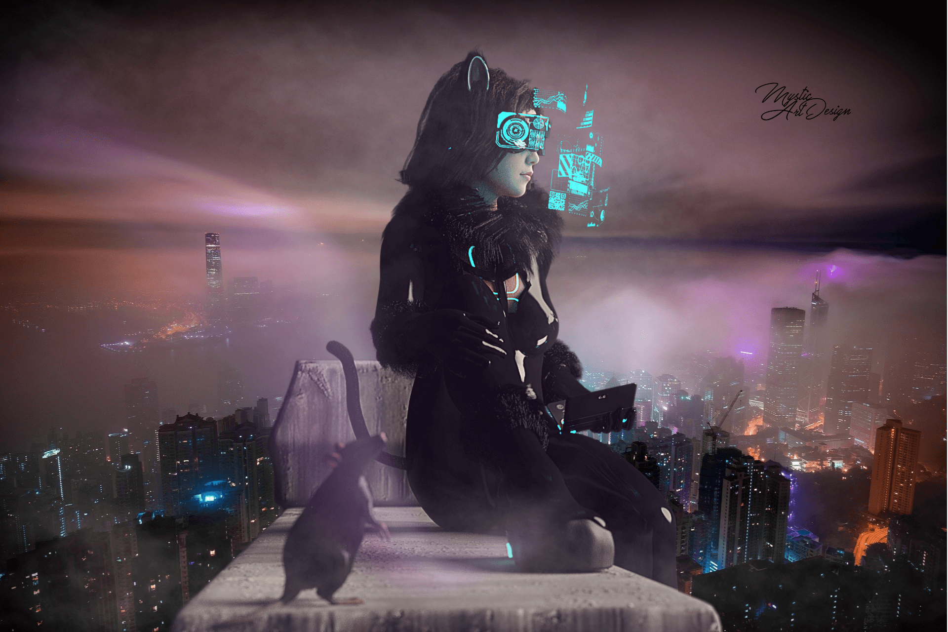 Cyber CAT Woman 3D Render, Digital Art by MysticArtDesign