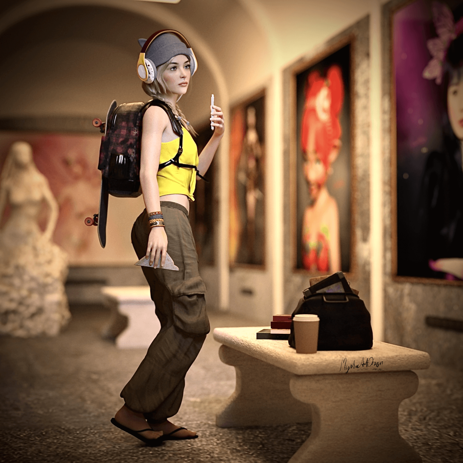 Girl in Museum 3D Render, Digital Art by MysticArtDesign