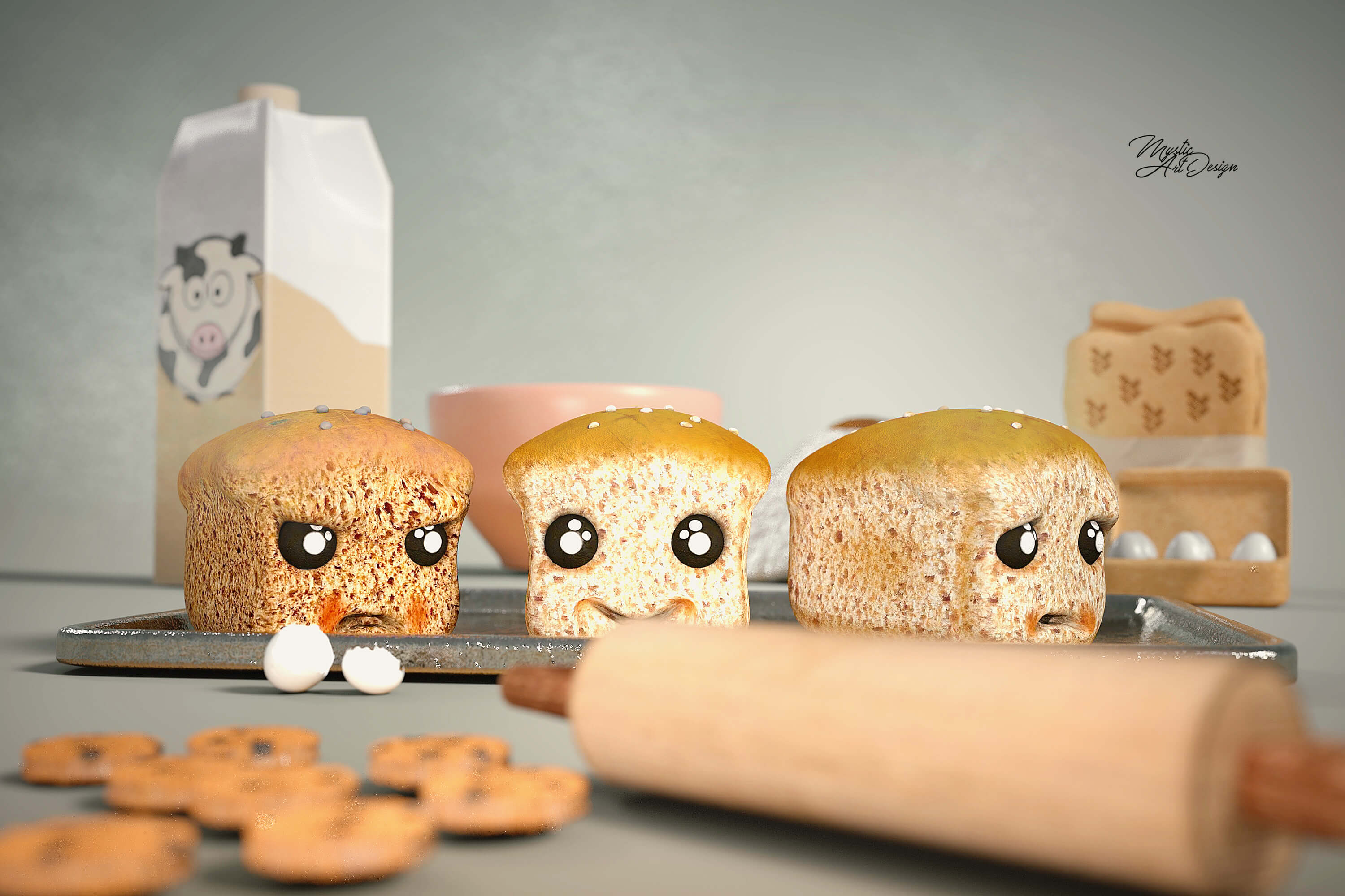 Little cute Bread 3D Render, Digital Art by MysticArtDesign