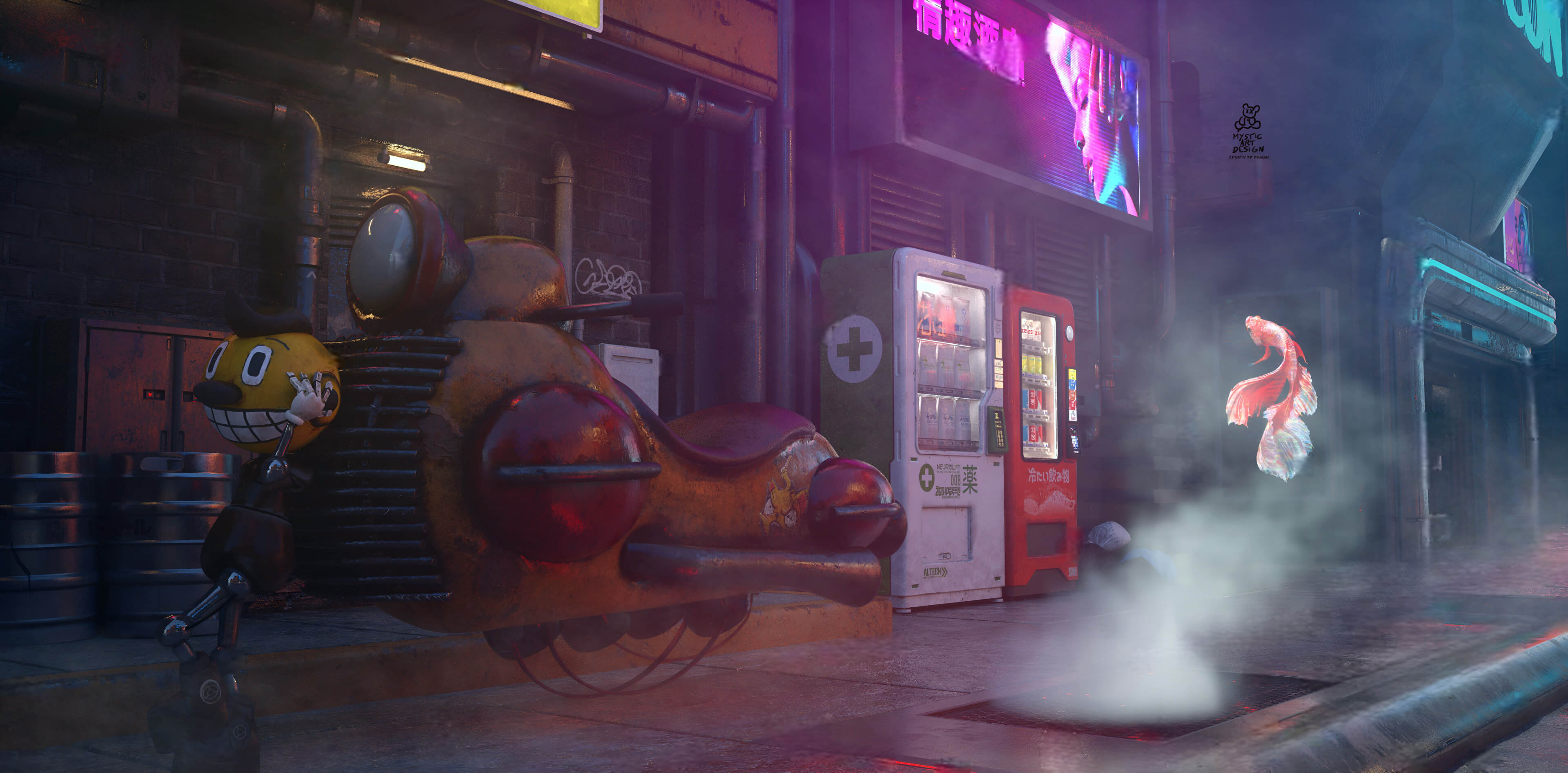 Night in CyberTown 3D Render, Digital Art by MysticArtDesign