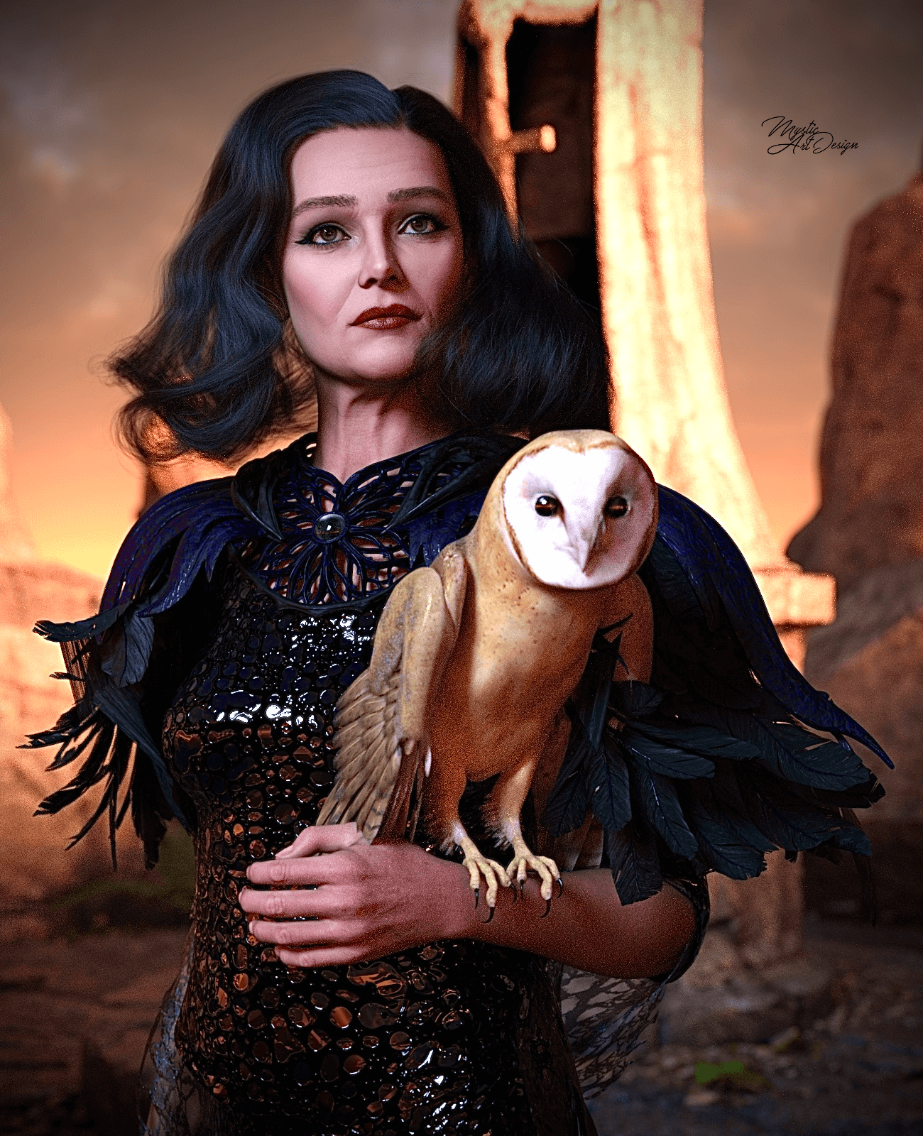 The Crow and the Owl 3D Render, Digital Art by MysticArtDesign