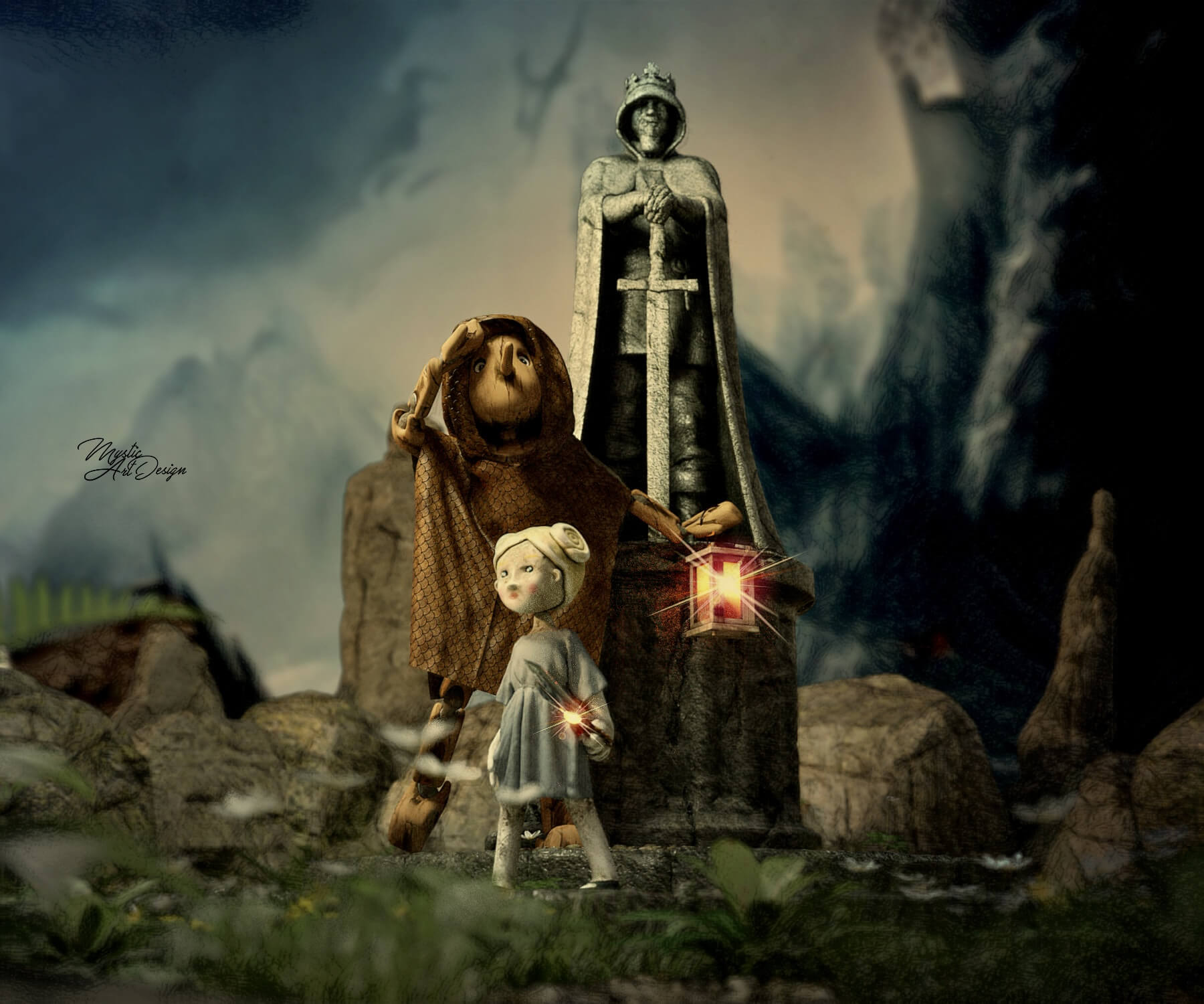 Wooden Mecha and Porcella Doll 3D Render by MysticArtDesign