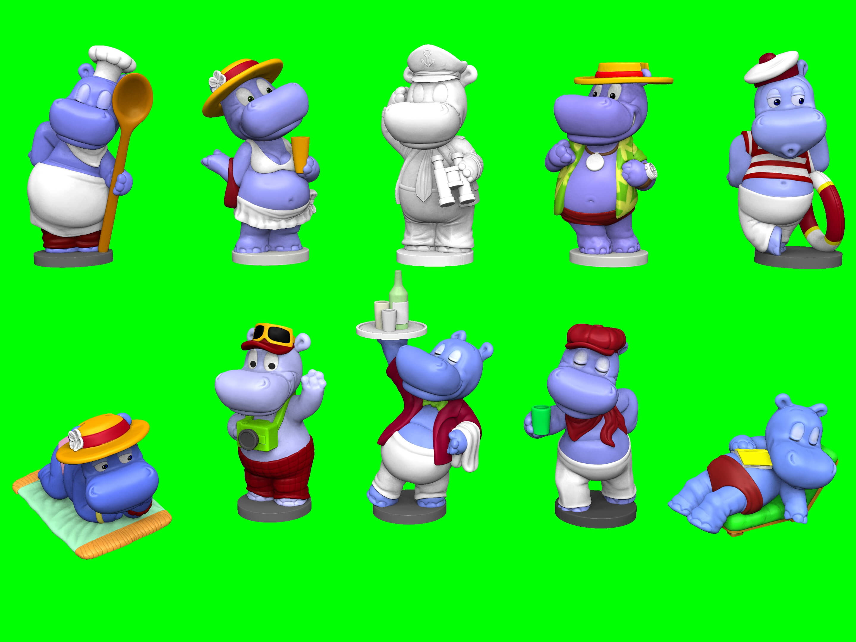 Collection of hippos from Kinder Surprise 1992 3D Render
