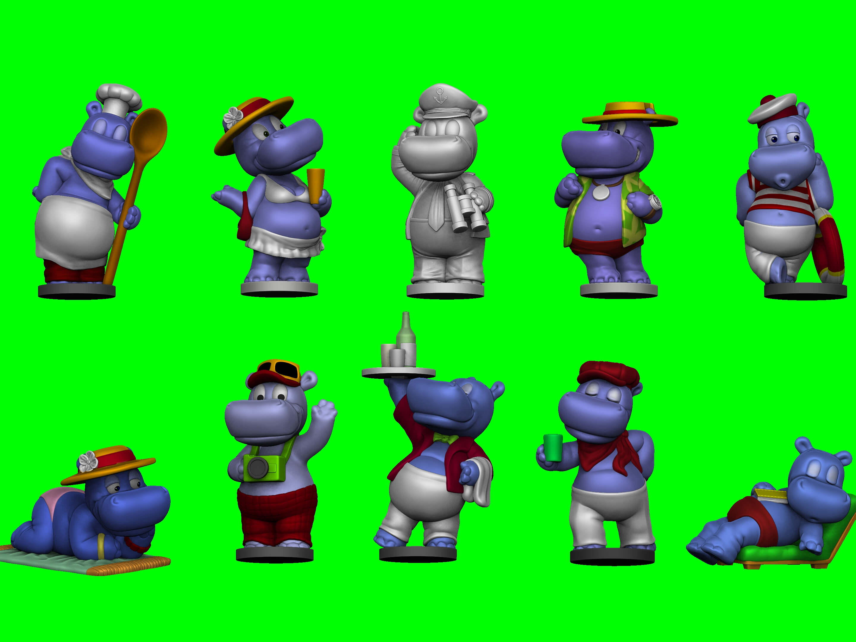 Collection of hippos from Kinder Surprise 1992 3D Render