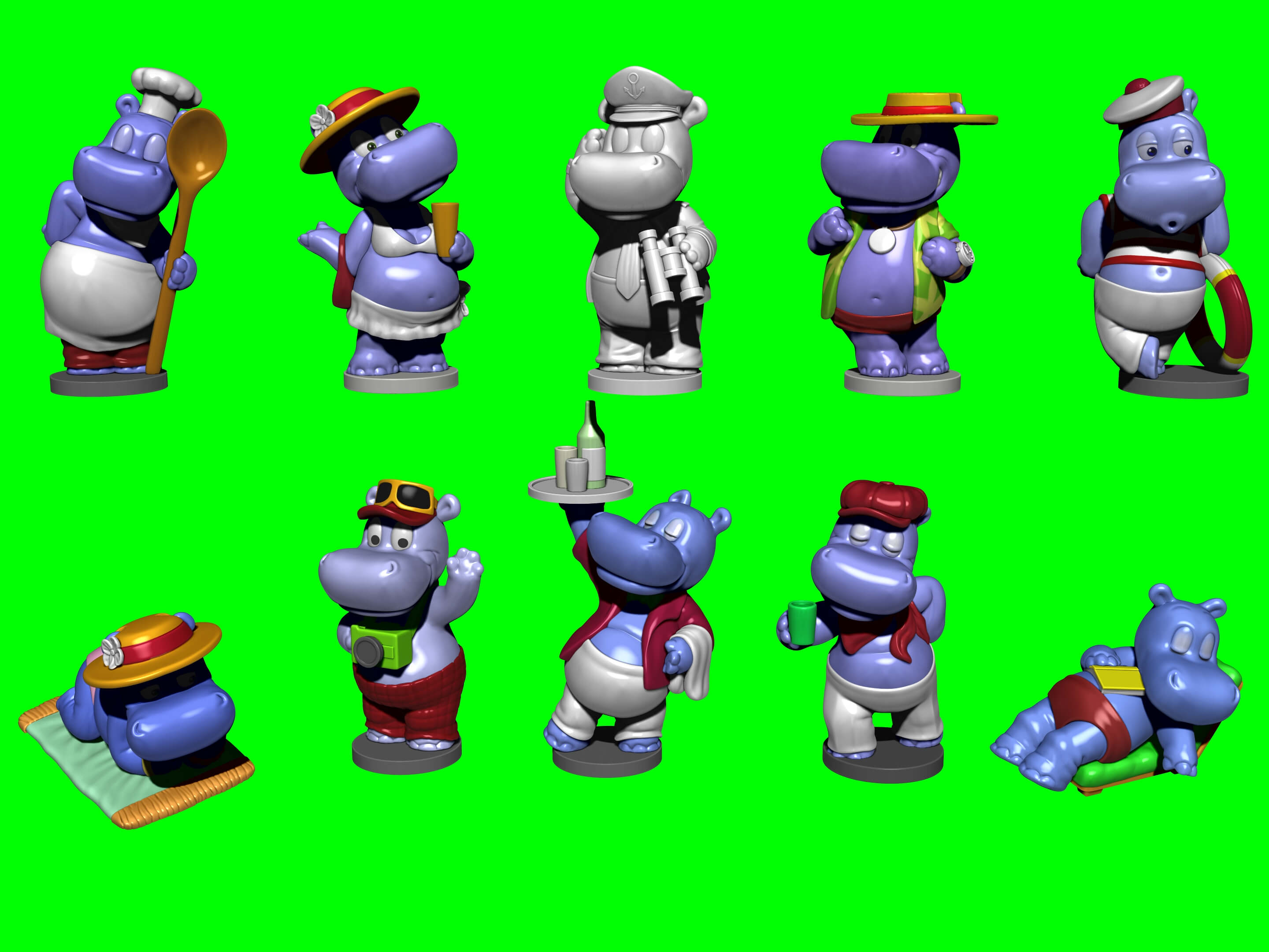 Collection of hippos from Kinder Surprise 1992 3D Render