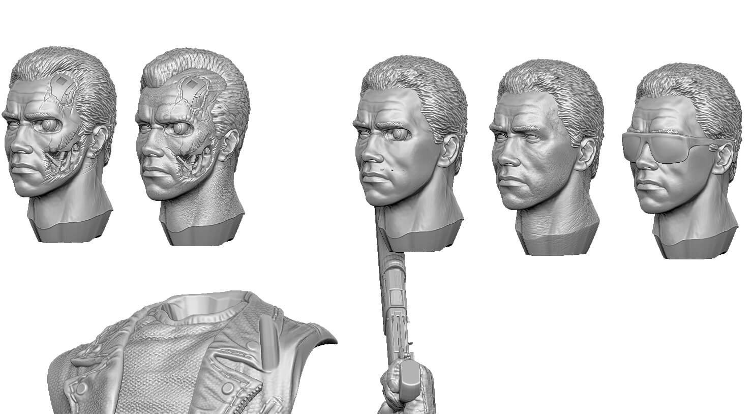 Terminator T-800 Bust With Weapons (5 Head Options) 3D Model by naeem32