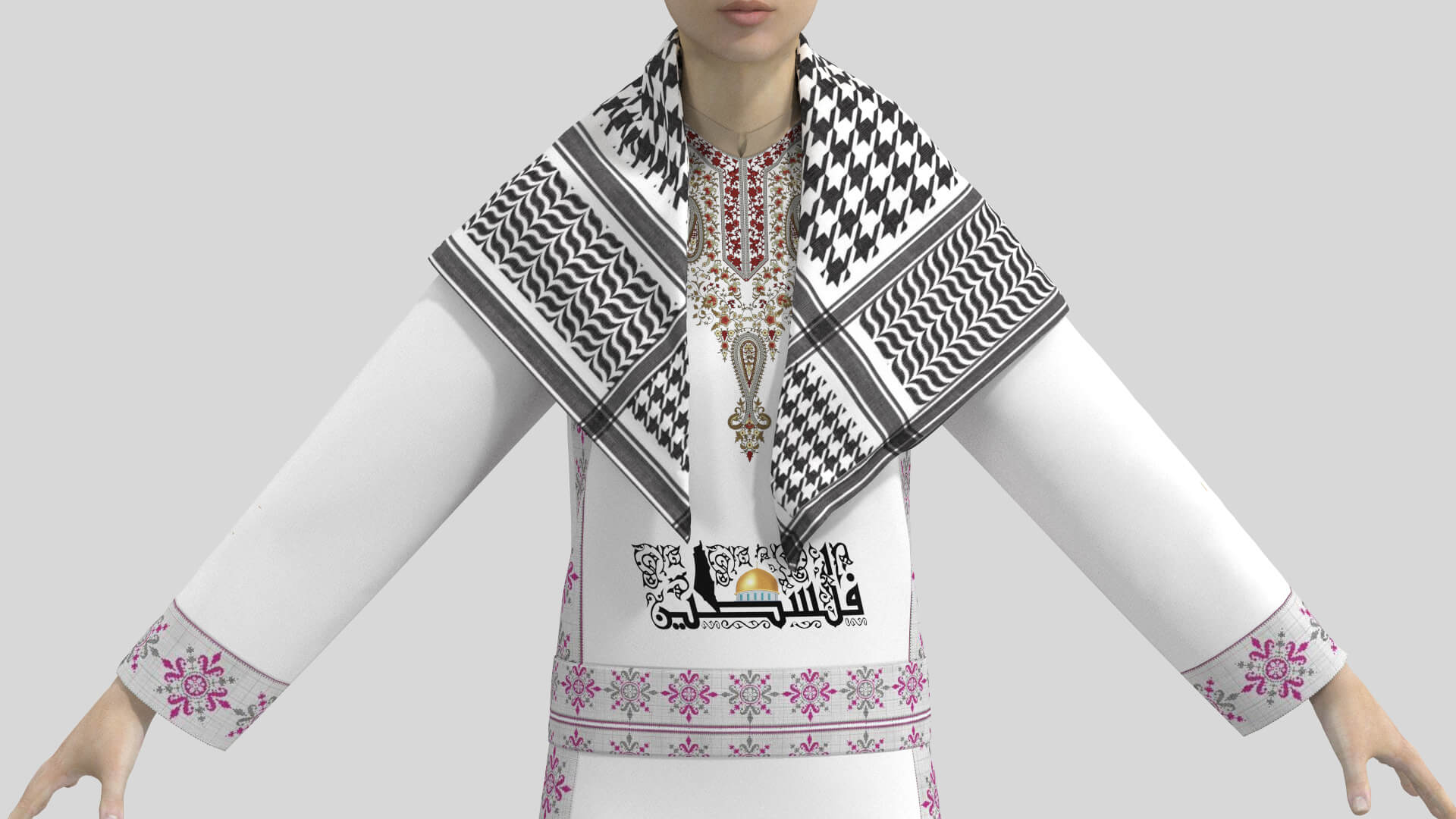 Female Dress With Kufiya and Palestine Design, MD, Clo3D - 3D Model by ...