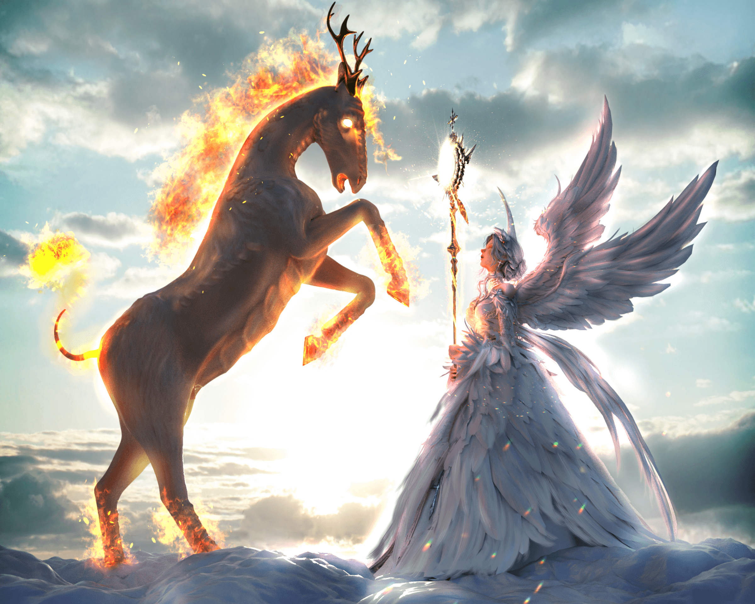 Kirin and the Angel 3D Render, Digital Art by nerdadantes