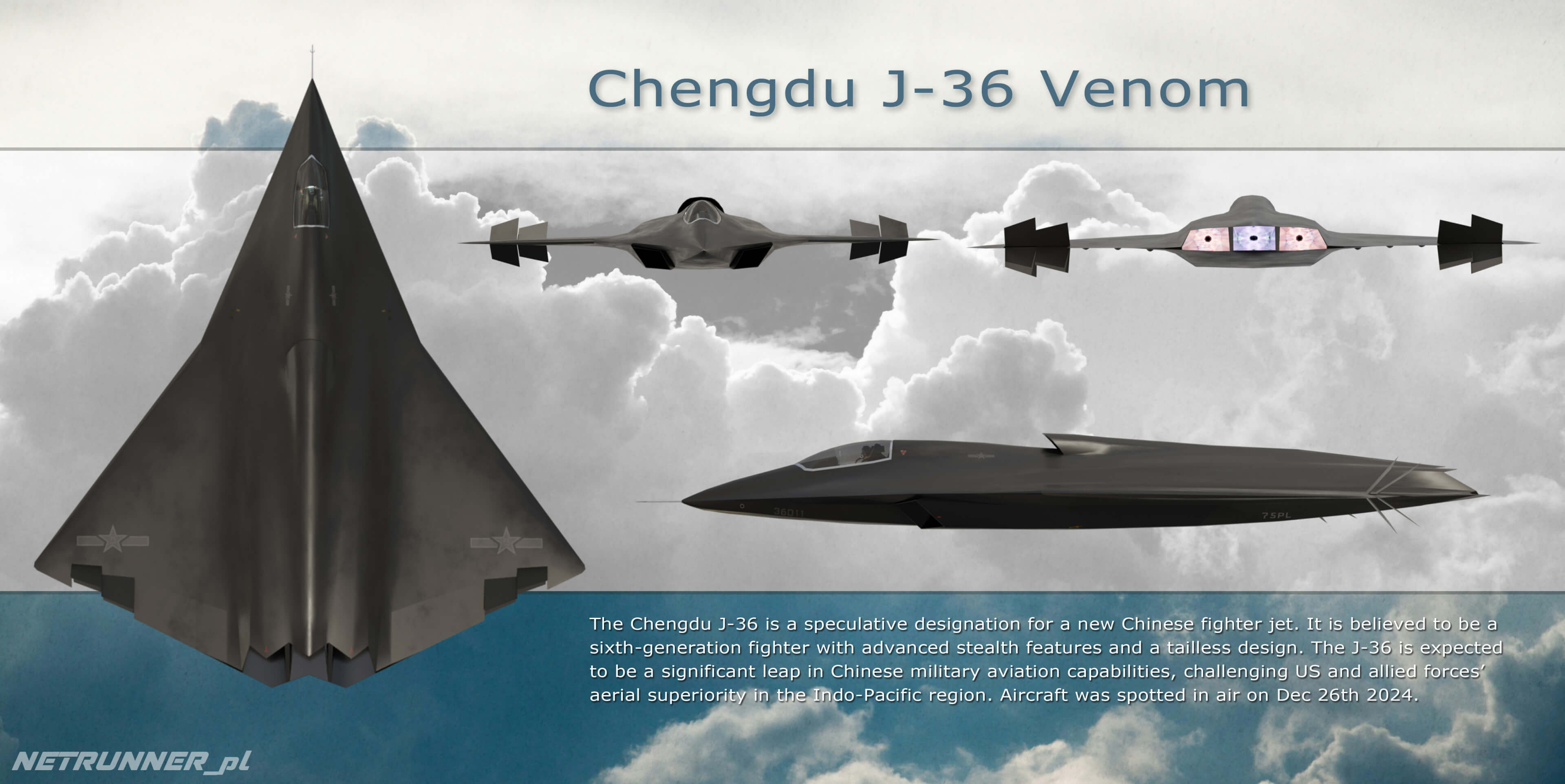 Chengdu J-36 Venom 3D Render, Digital Art by NETRUNNER_pl