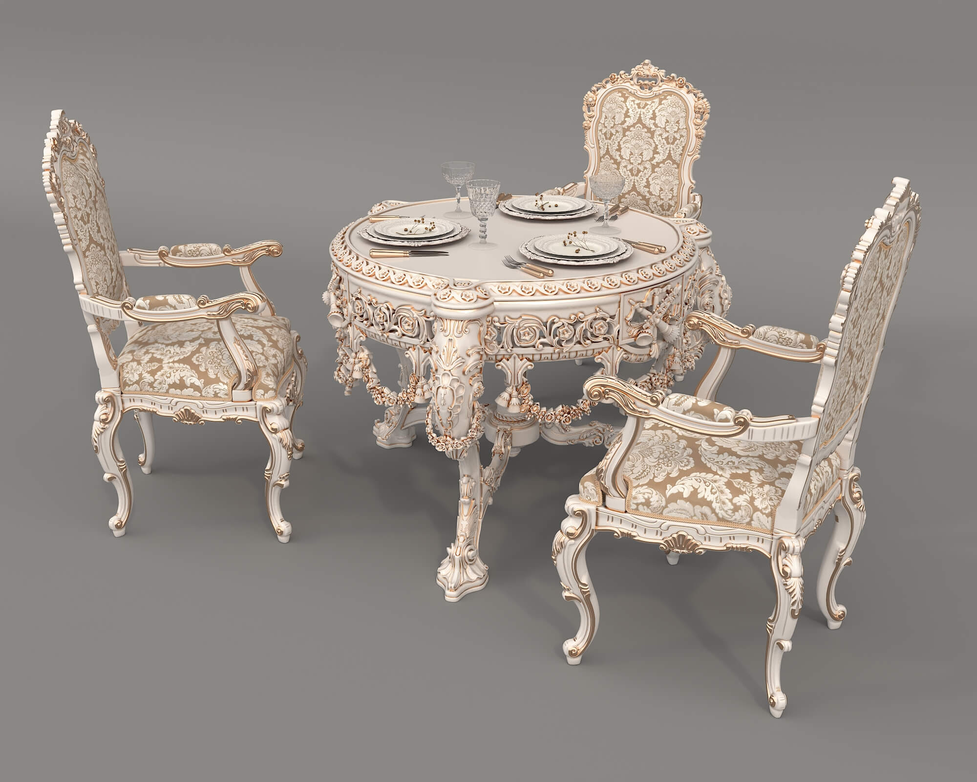 Classic European Style Dining Table and Chairs 60 - 3D Model by nhattuankts