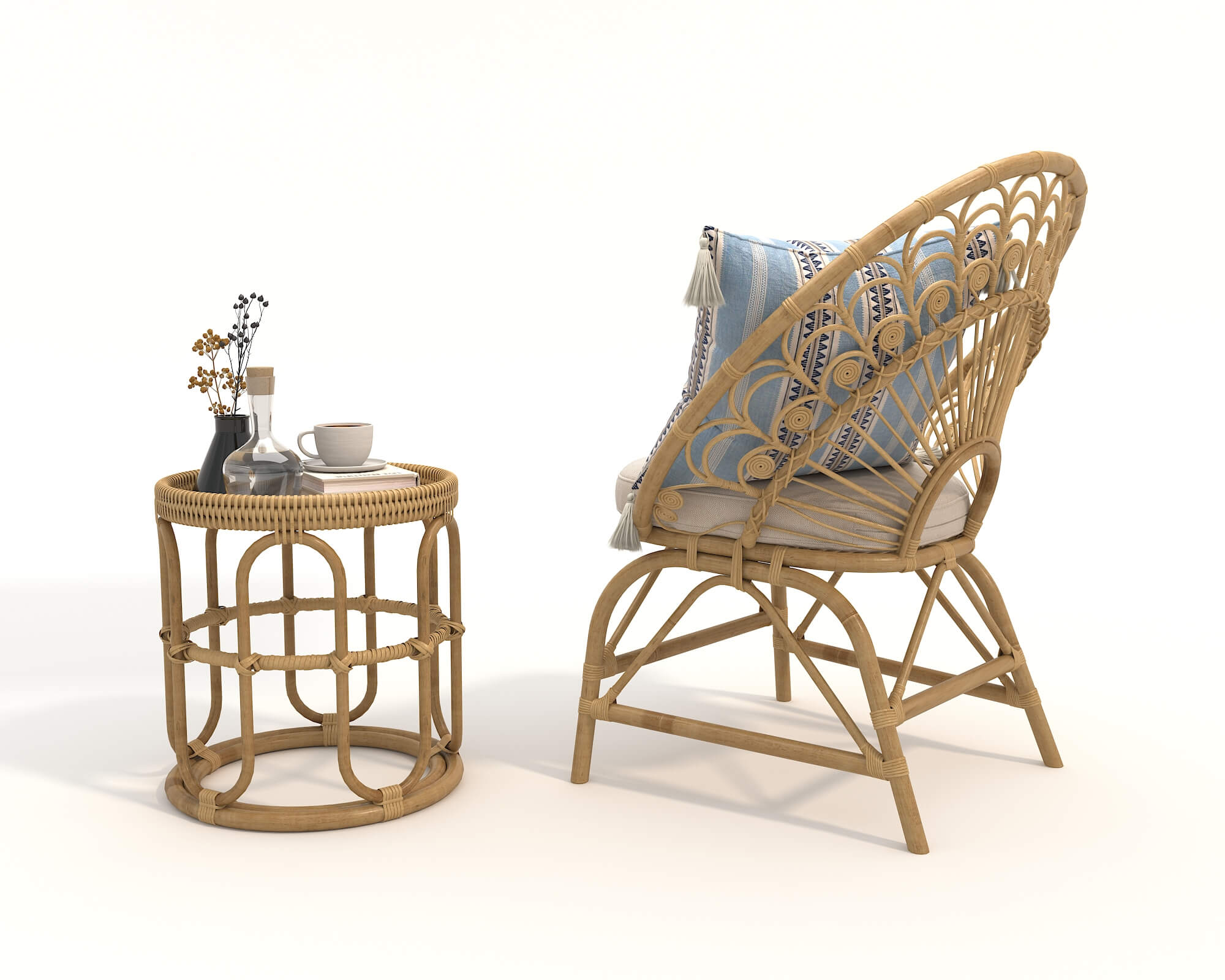 Rattan Coffee Table and Chairs 6 - 3D Model by nhattuankts