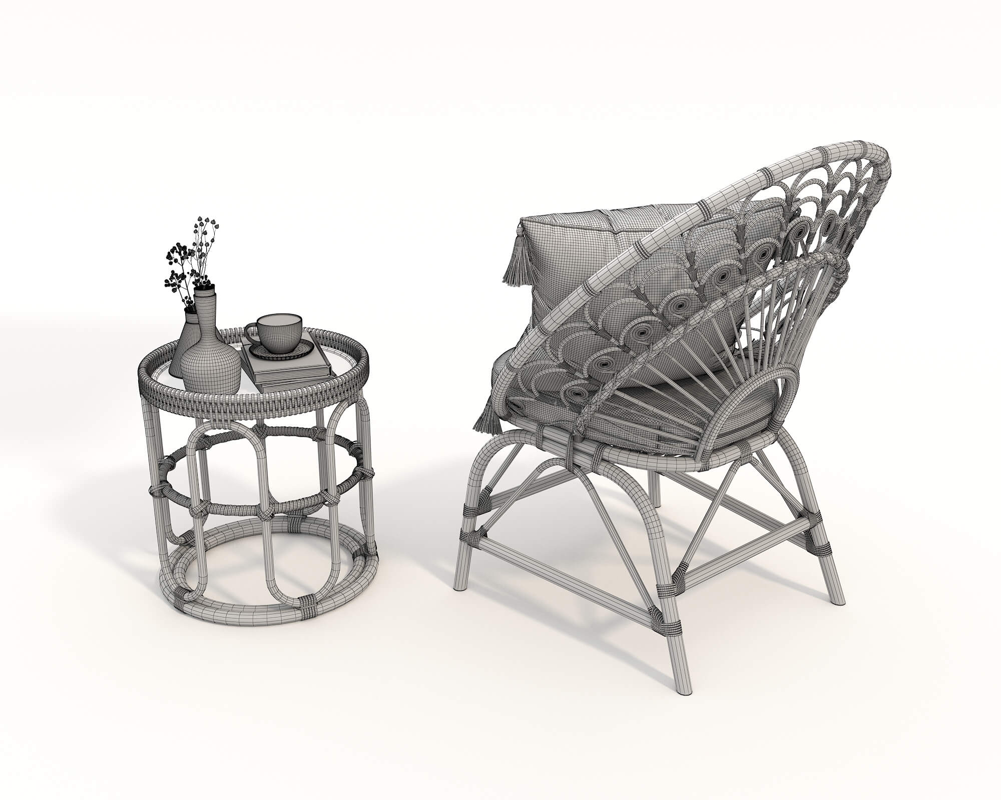Rattan Coffee Table and Chairs 6 - 3D Model by nhattuankts