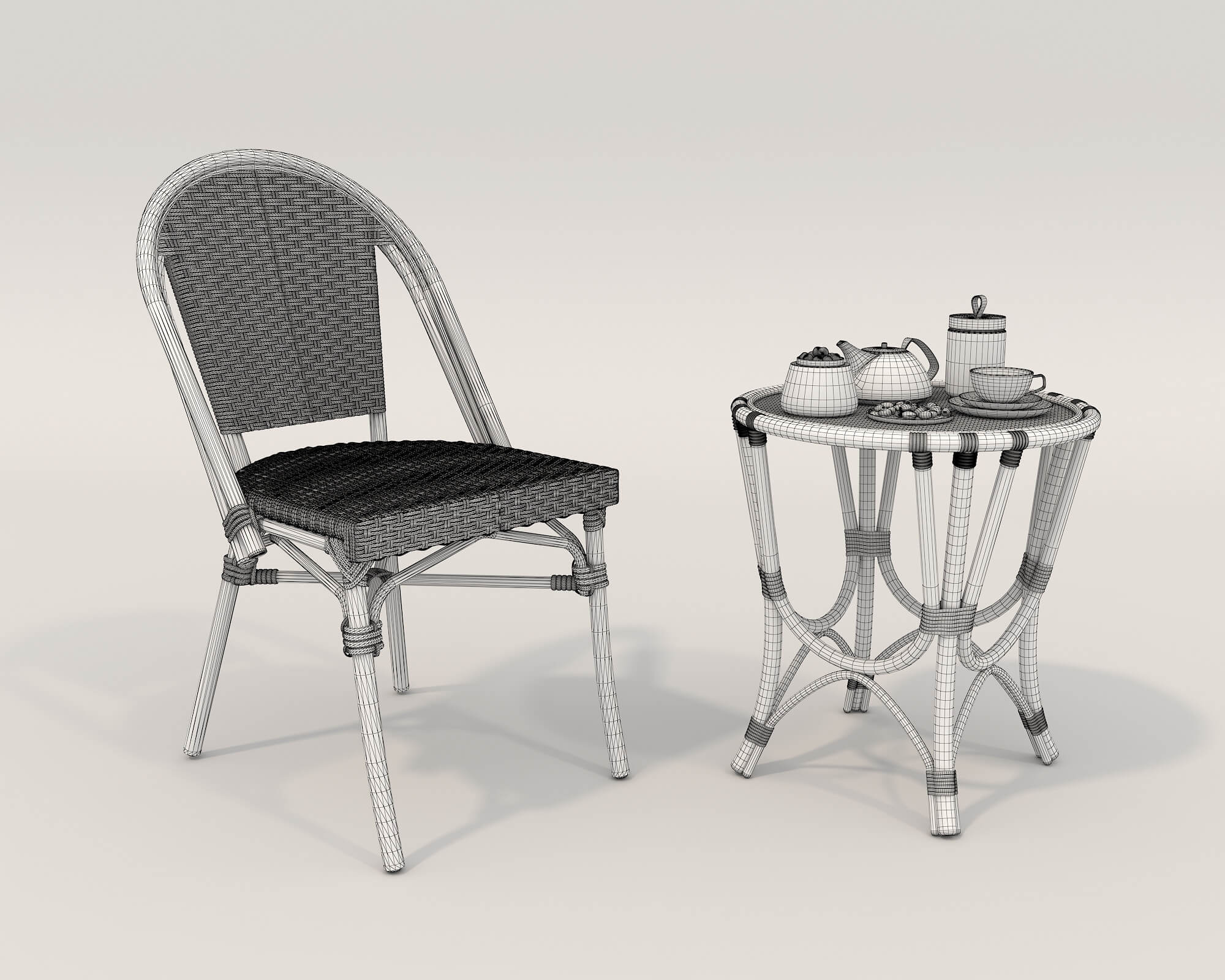 Rattan Table and Chairs Set 4 - 3D Model by nhattuankts