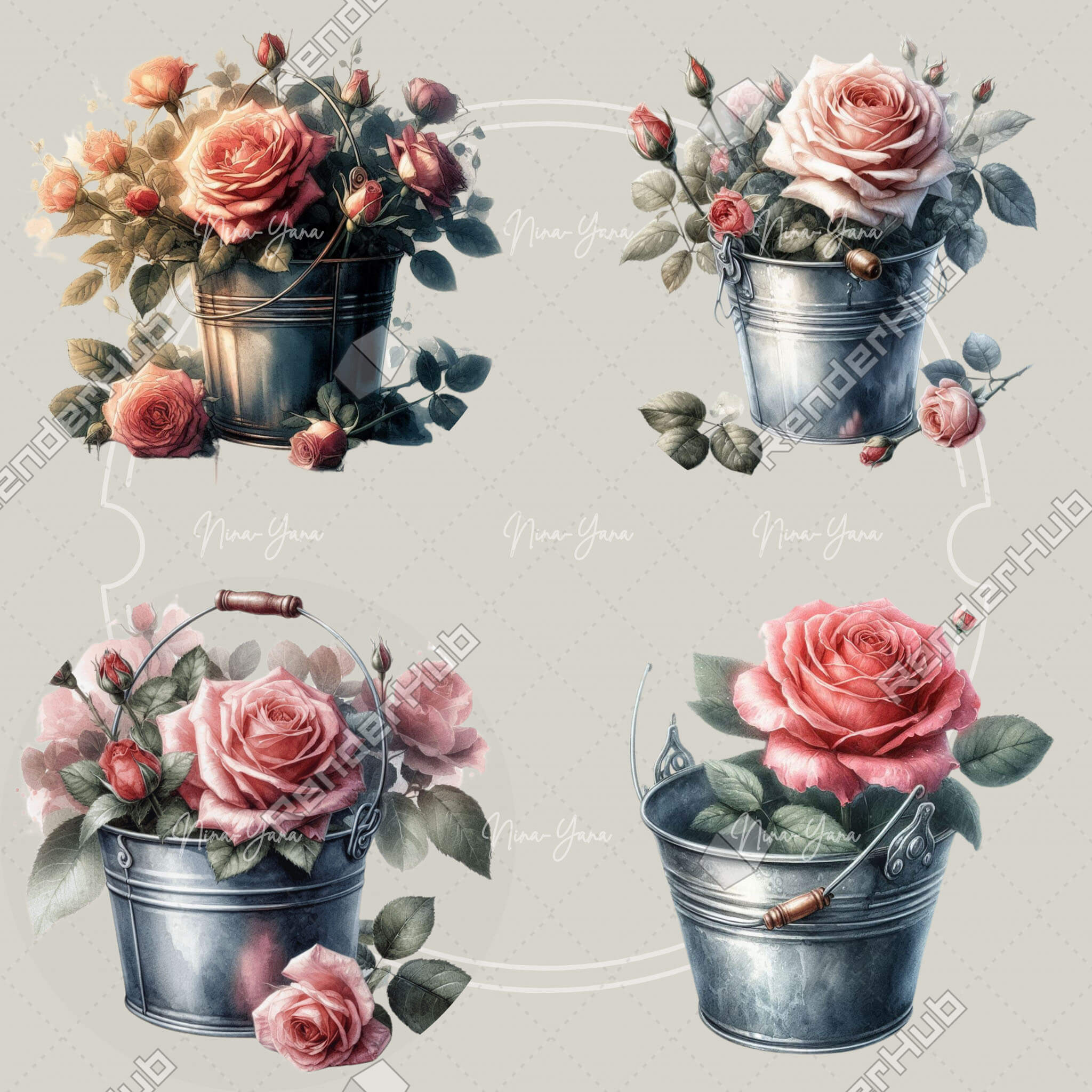 17 Roses in a Bucket Clipart - Stock Image by Nina-Yana